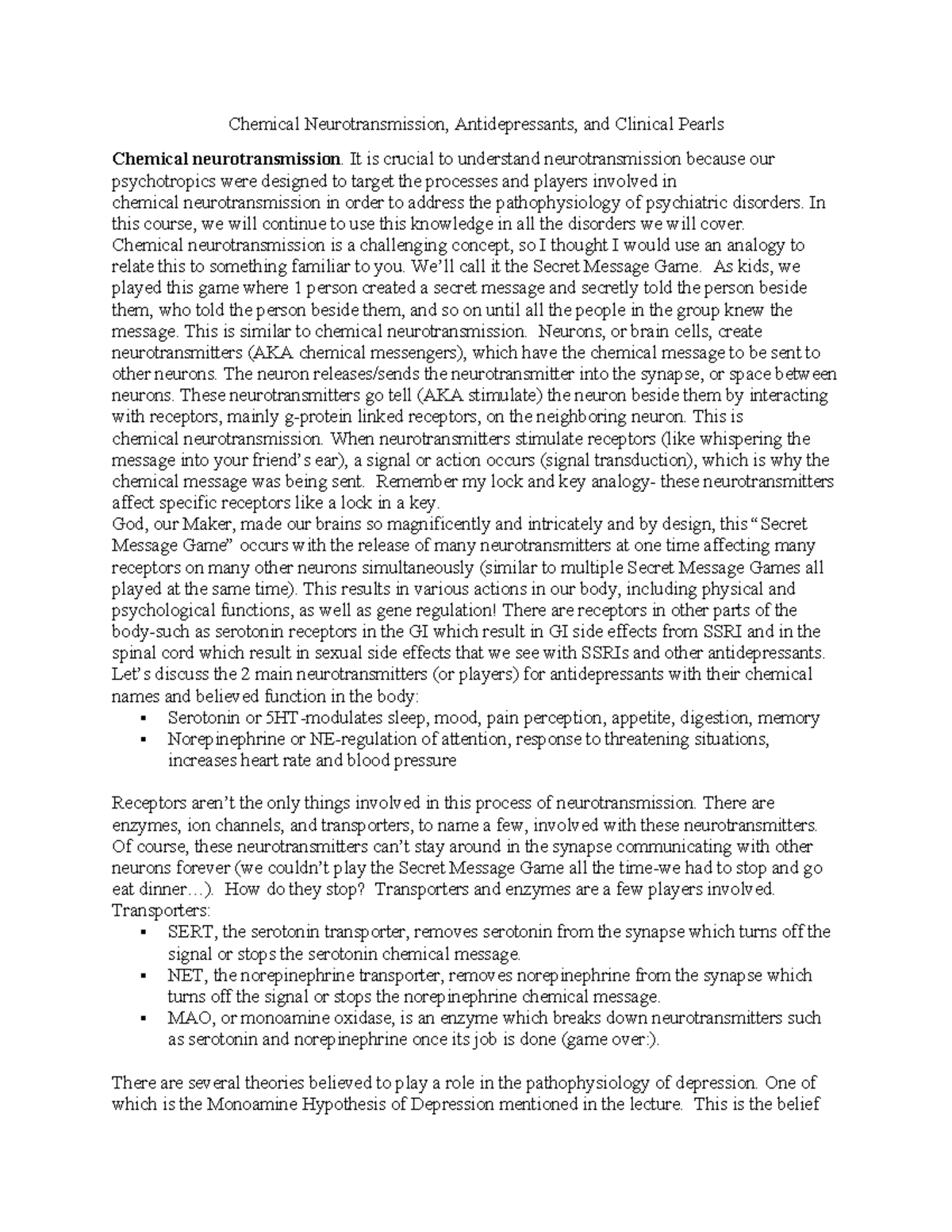 Chemical Neurotransmission, Antidepressants, and Clinical - Studocu