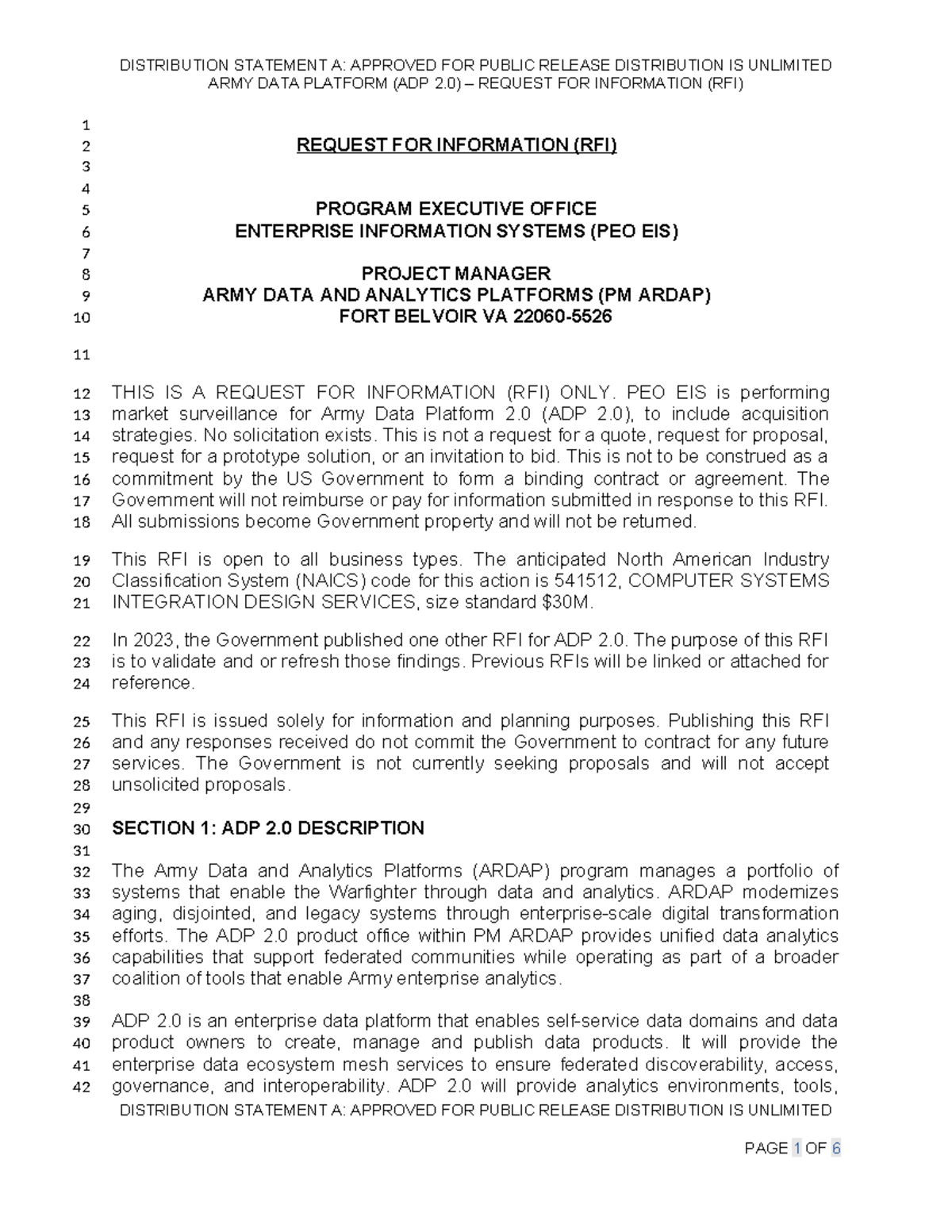 Example of Government RFI - ARMY DATA PLATFORM (ADP 2) – REQUEST FOR ...
