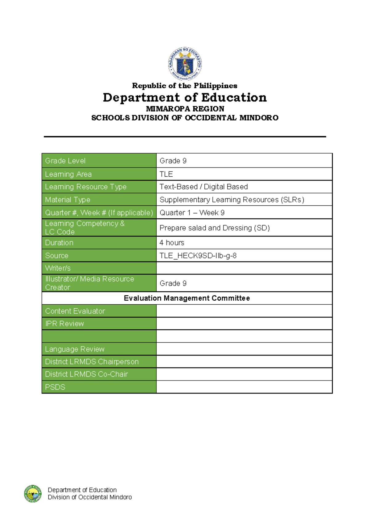 Tle9 Q1 Week9 - for personal use only - Department of Education ...