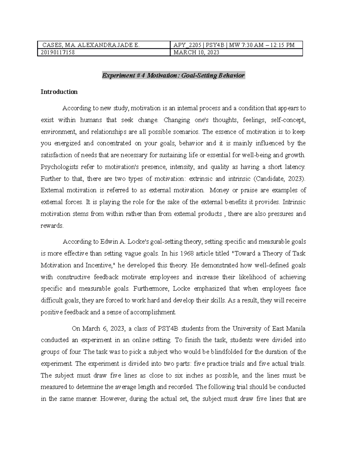EXPERIMENTAL PSYCHOLOGY4 Labreport - CASES, MA. ALEXANDRA JADE E. APY ...