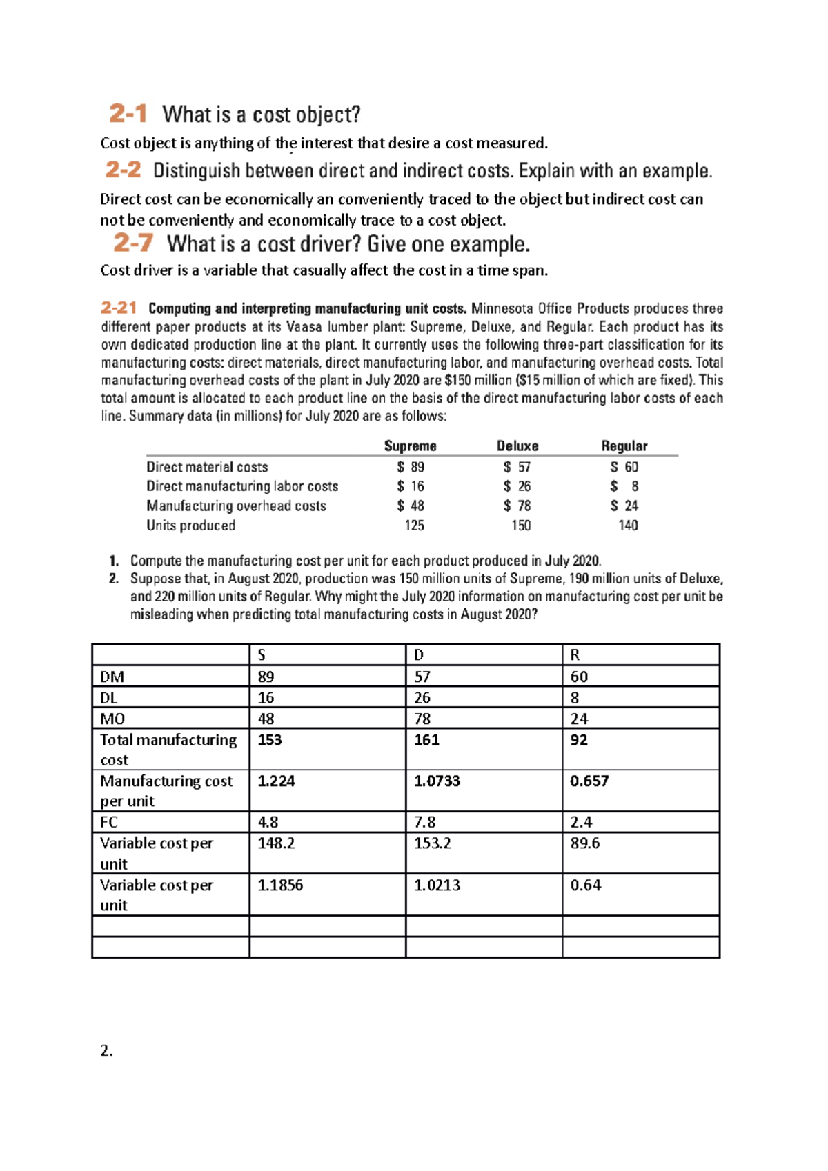 CMA Topic 2 - Work - Cost object is anything of the interest that ...