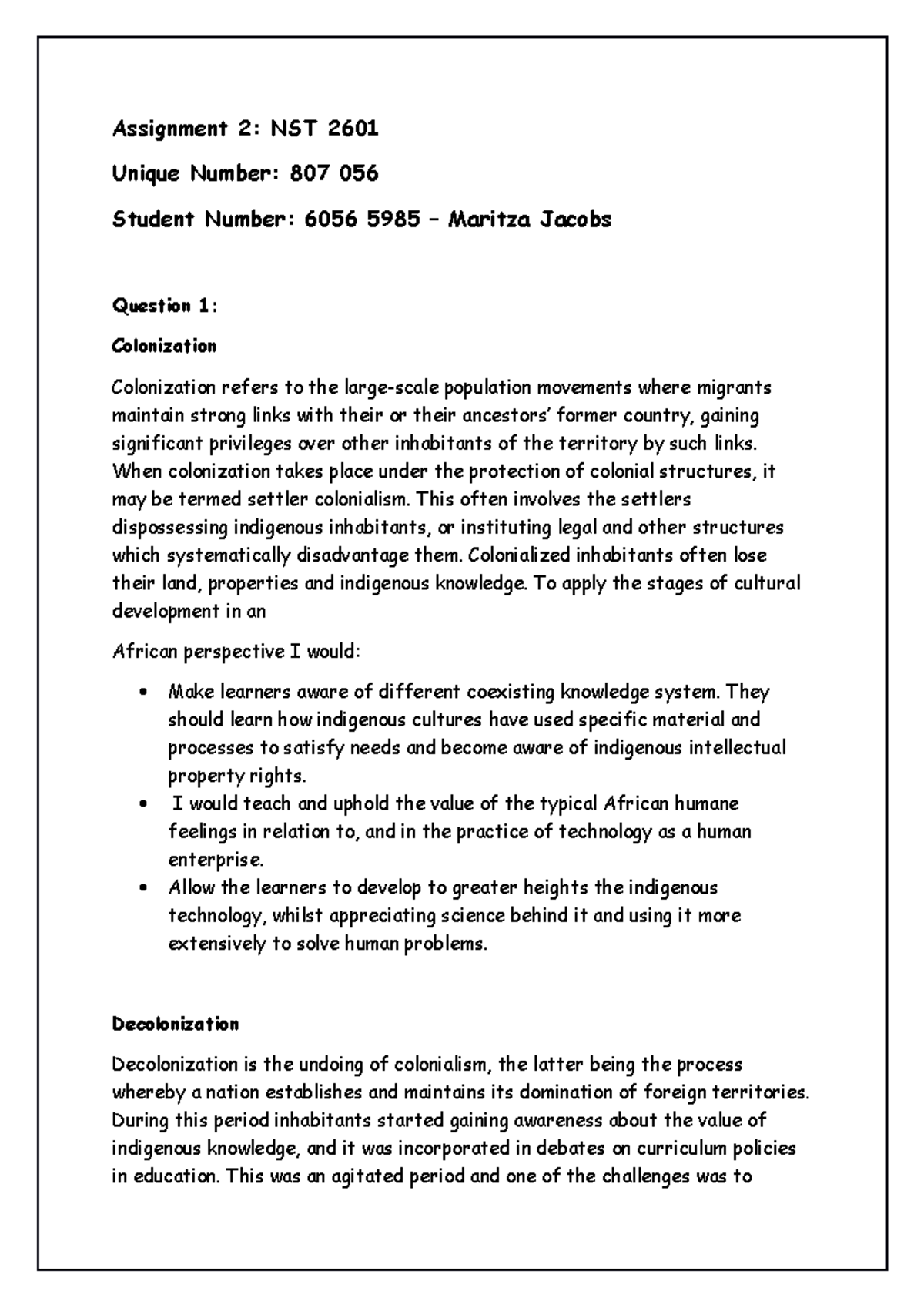 NST 2601 Assignment 2 - Assignment 2: NST 2601 Unique Number: 807 056 Student Number: 6056 5985 ...