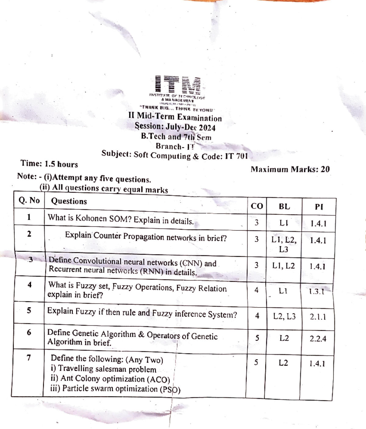 ITM Gwalior Mid Term 2 IT-701 Question Paper December 2024 - Time: 1 Q ...