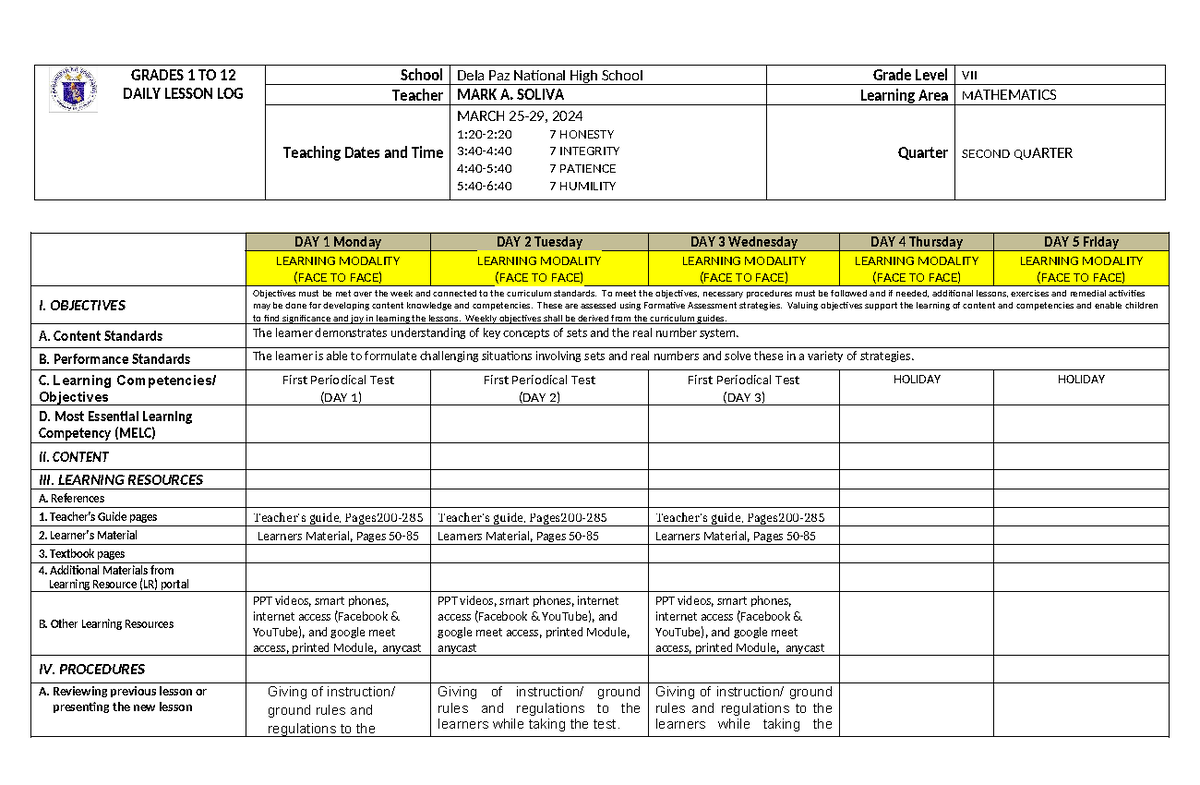 Q3 DLL EXAM WEEK March 25 29 - GRADES 1 TO 12 DAILY LESSON LOG School ...
