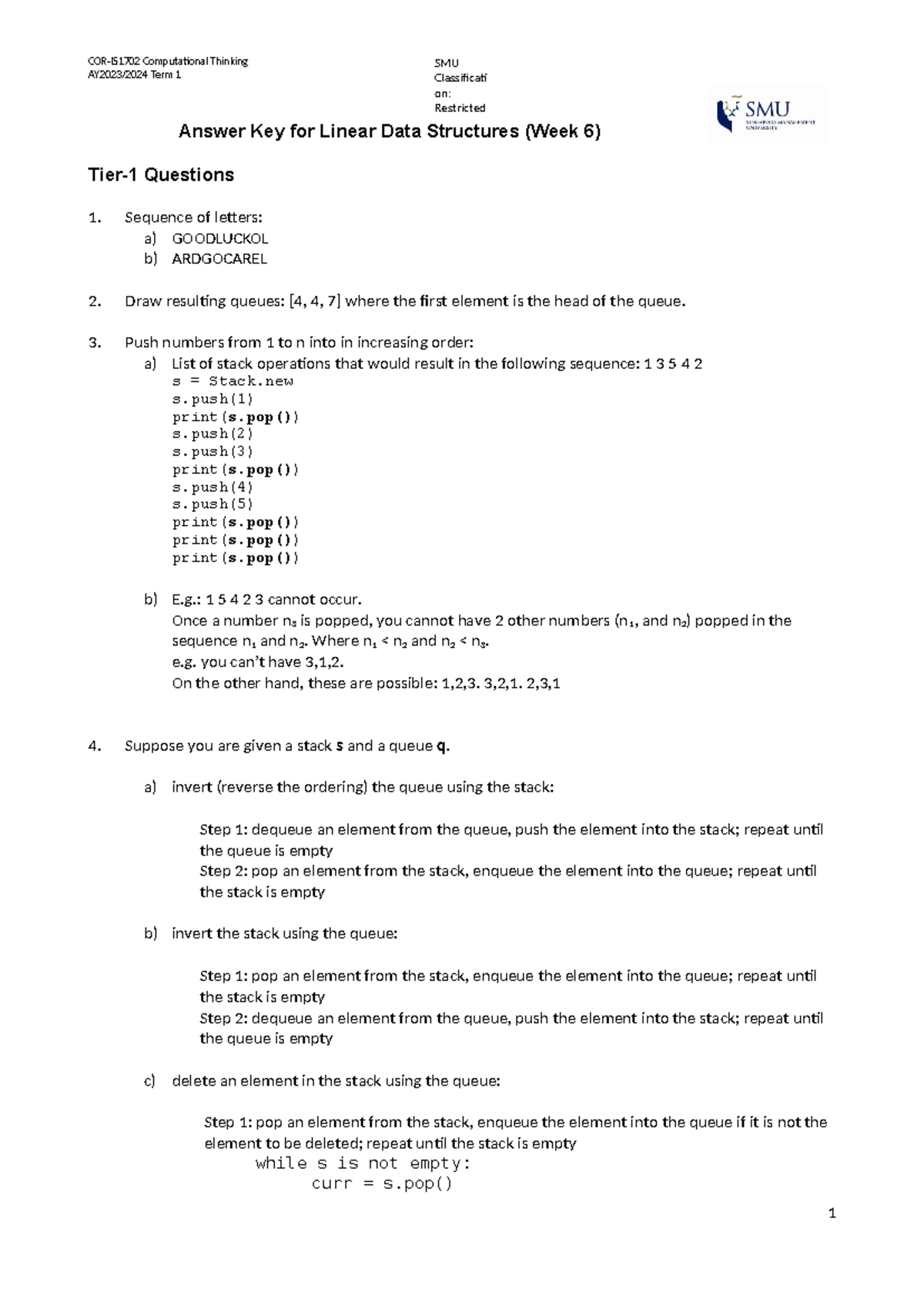Tutorial Linear Data Structures (Answer Key) - SMU Classificati on ...