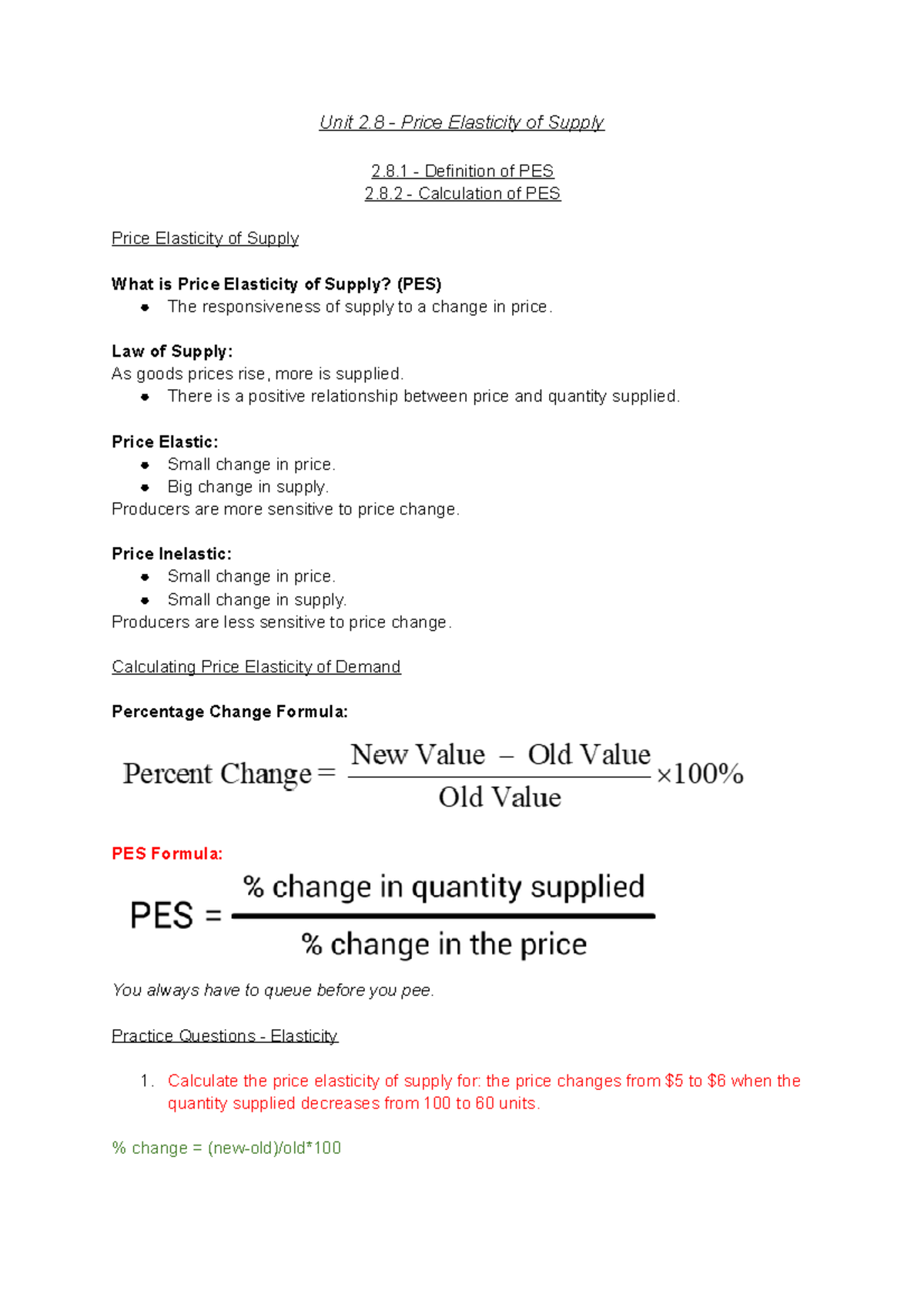 Unit 2.8 - Price Elasticity of Supply - Unit 2 - Price Elasticity of ...