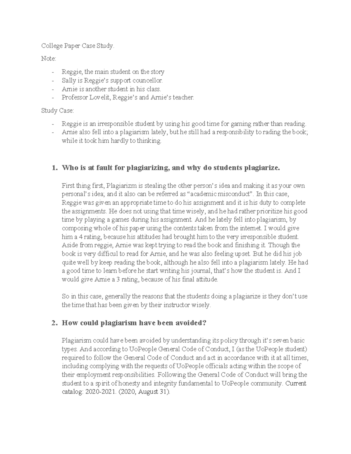 DFU3 - Academic Integrity - College Paper Case Study. Note: Reggie, the ...