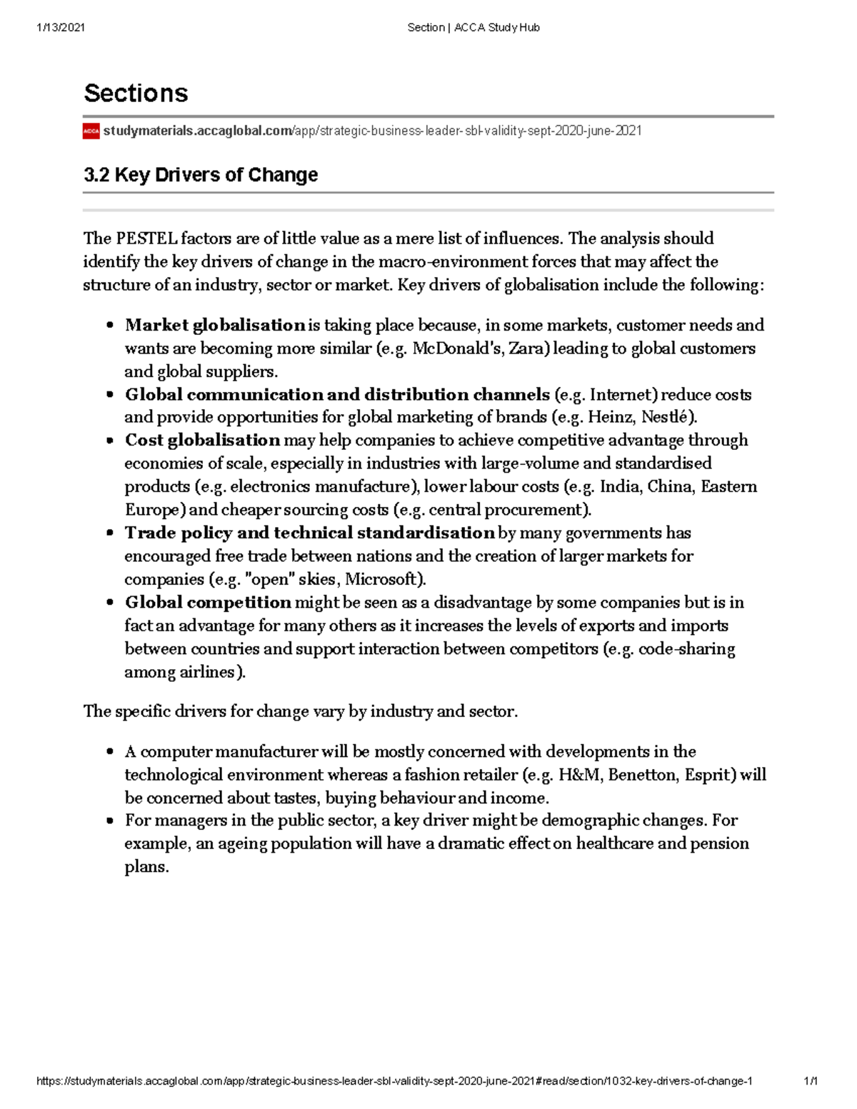 10.3.2 Key Drivers of Change - 1/13/2021 Section | ACCA Study Hub - Studocu
