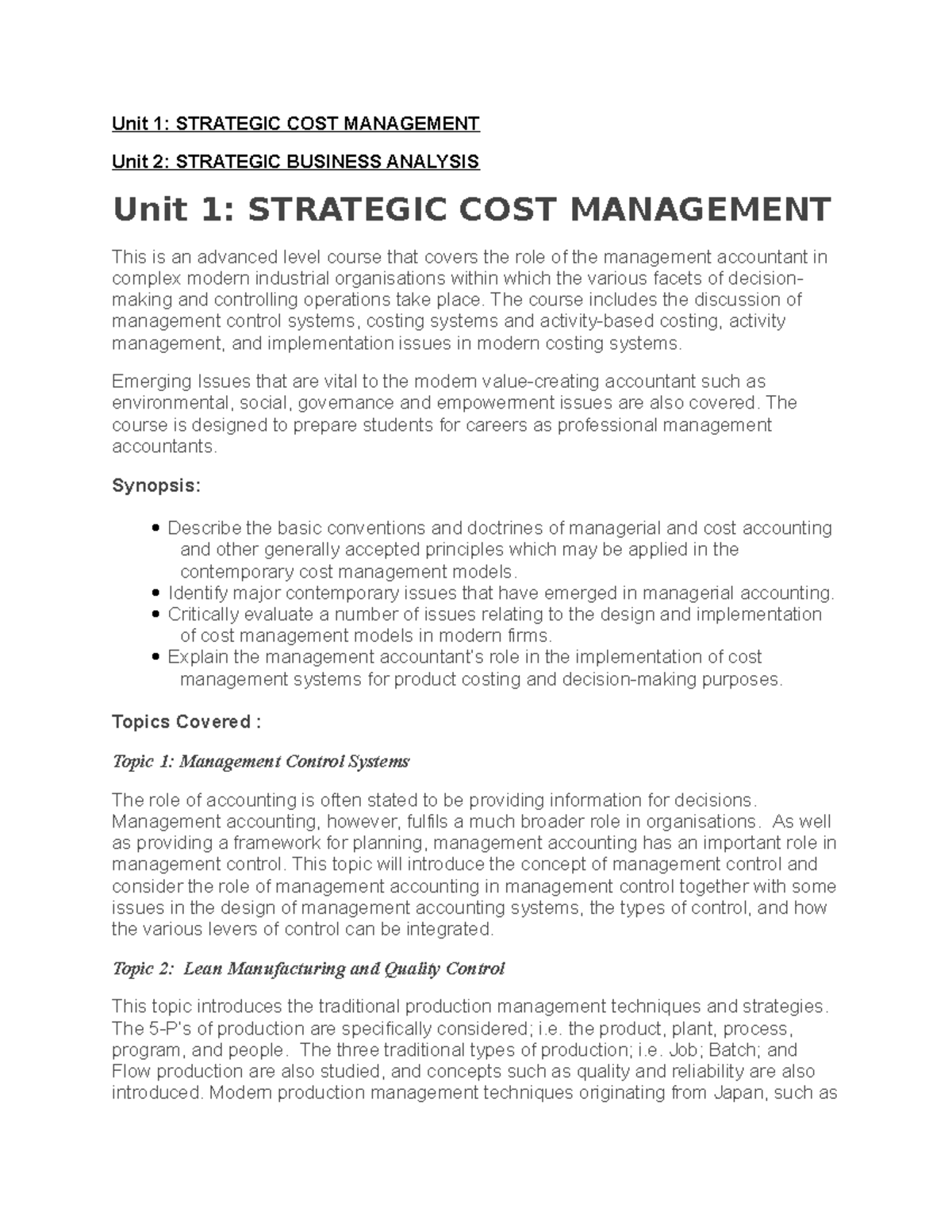 Strat Bus Analysis Module 1 - Unit 1: STRATEGIC COST MANAGEMENT Unit 2 ...