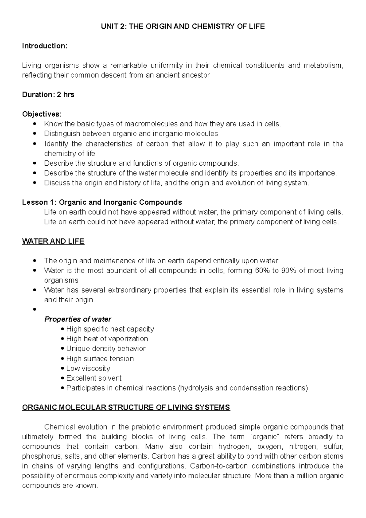 615902600 UNIT 2 The Origin and Chemistry of Life - UNIT 2: THE ORIGIN ...