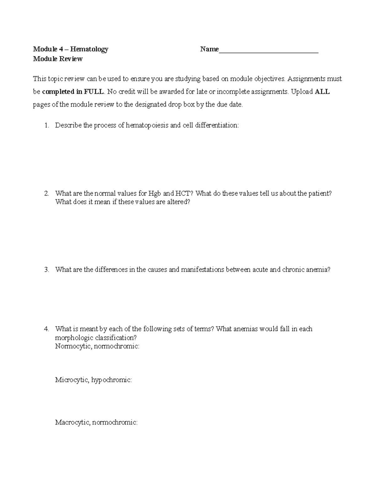 Module 4 Review Hematology - Module 4 – Hematology Name ...