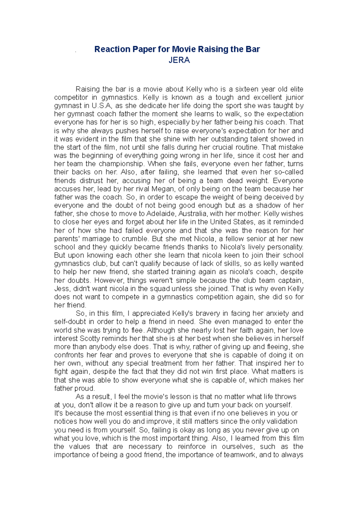 Movie Marathon Reflection - . Reaction Paper for Movie Raising the Bar ...