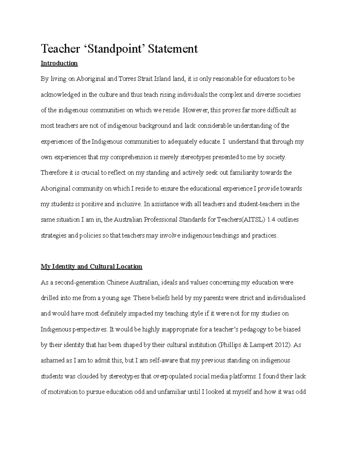EDST1108 Assessment 1 -Teacher ‘Standpoint’ Statement - Teacher ...