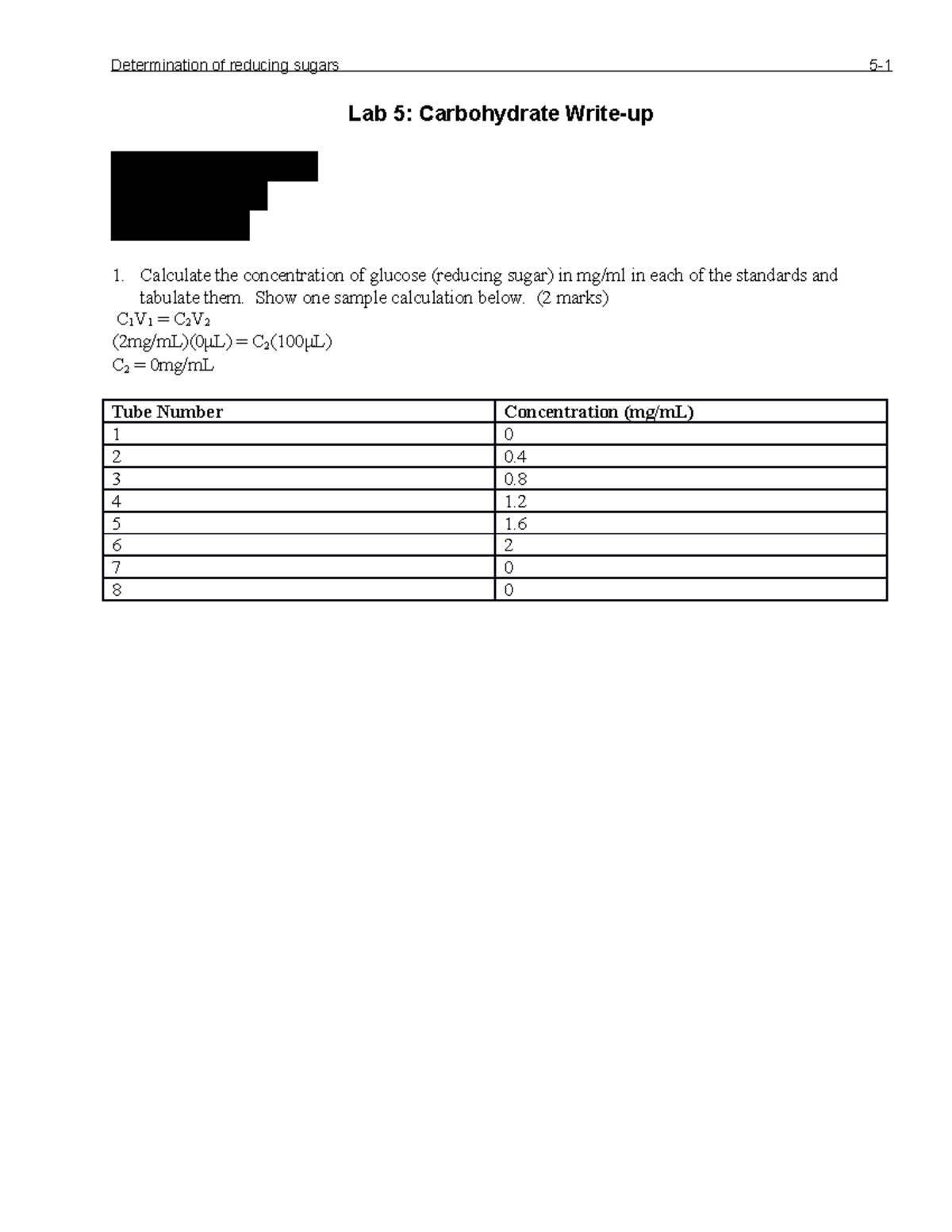 Carbohydrate Lab Write-Up - Determination of reducing sugars 5- Lab 5 ...