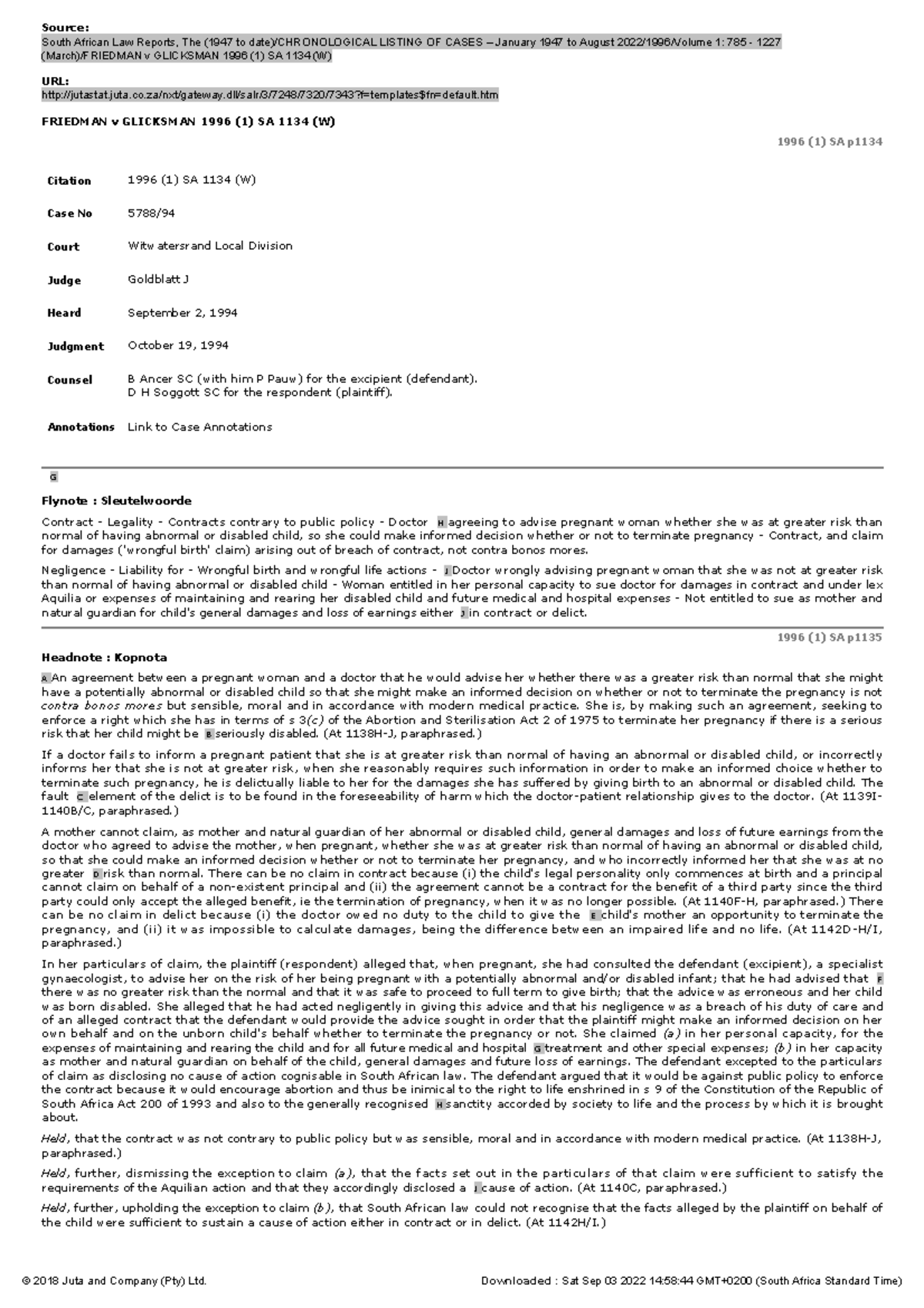 Friedman v Glicksman 1996 (1) SA 1134 (W) - - Studocu