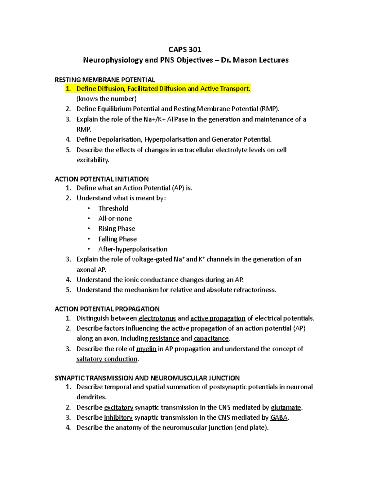 CAPS 301 Neurophysiology Objectives - CAPS 301 Neurophysiology and PNS ...