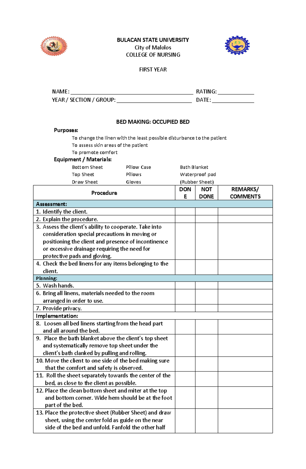 BED- Making- Occupied-BED-SRC PRD Performance Checklist - BULACAN STATE ...