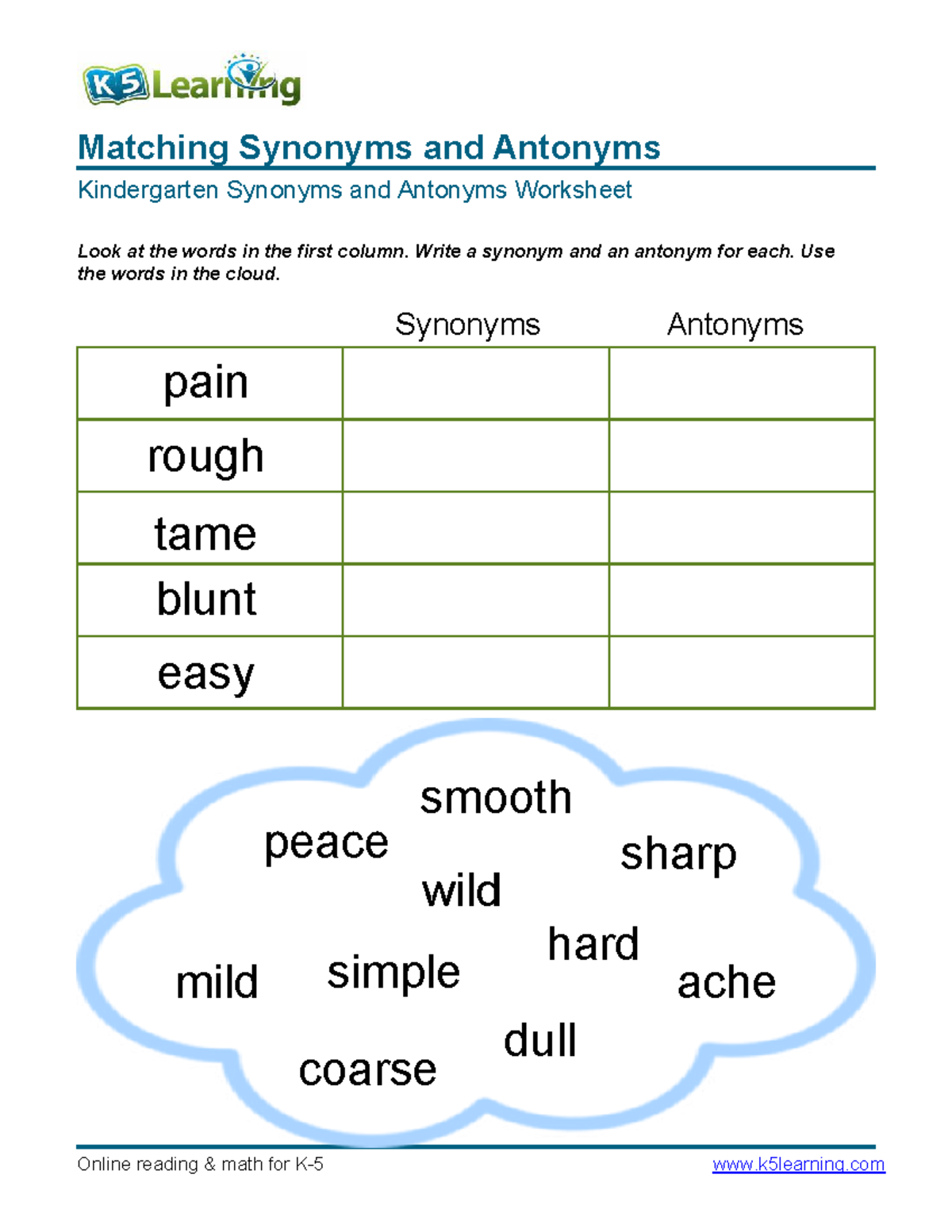 Kindergarten write synonyms antonyms 3 - Teacher Education Department ...