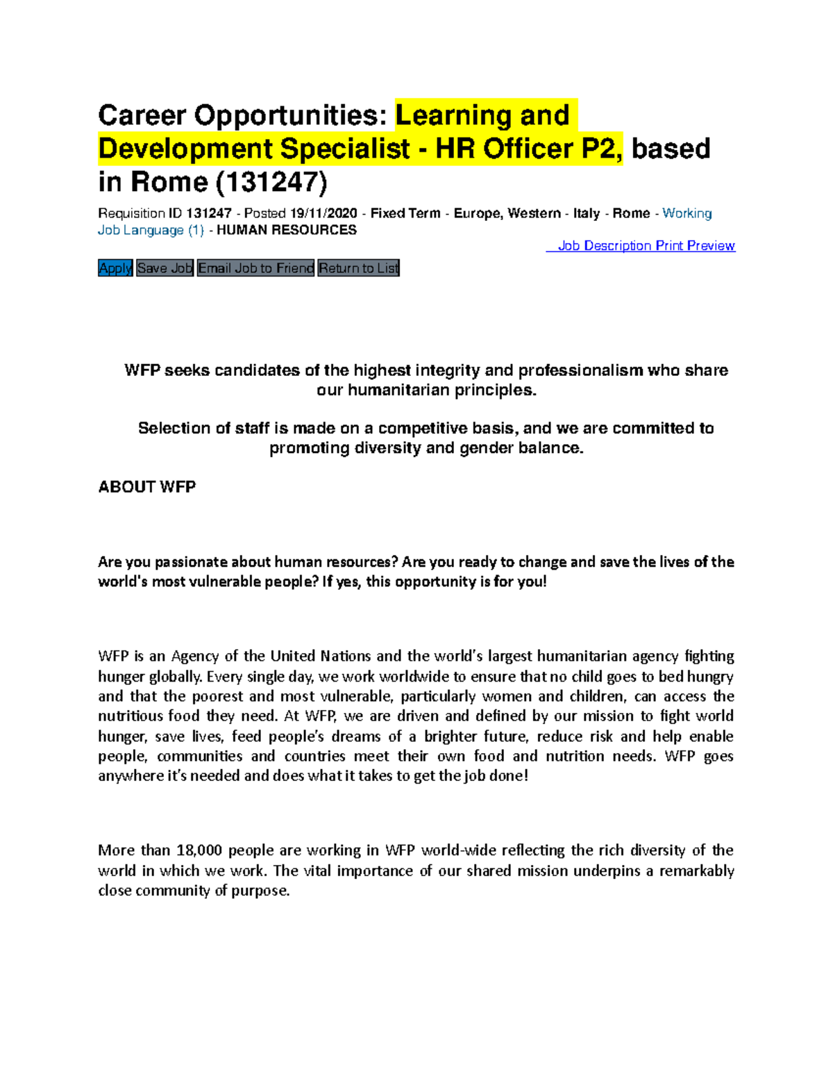 World Food Programme Career Opportunities - Career Opportunities ...