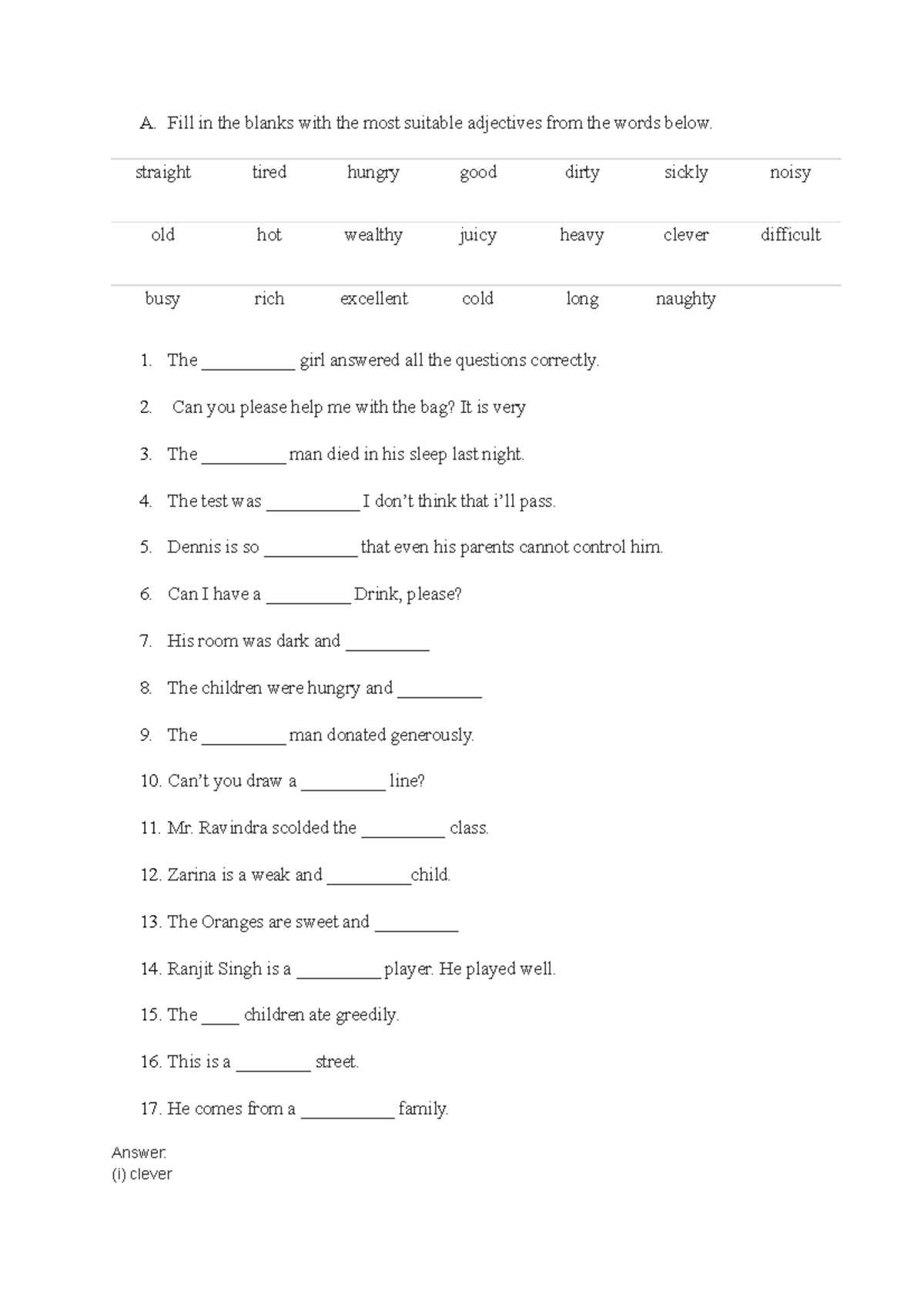 Adjectives Exercise with answer - A. Fill in the blanks with the most ...