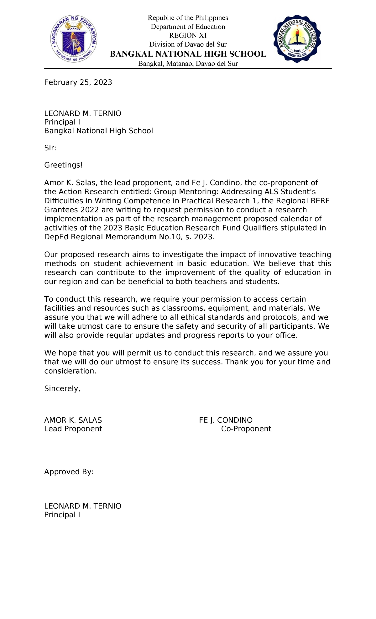 Berf permission - Copy - Ber - Republic of the Philippines Department ...