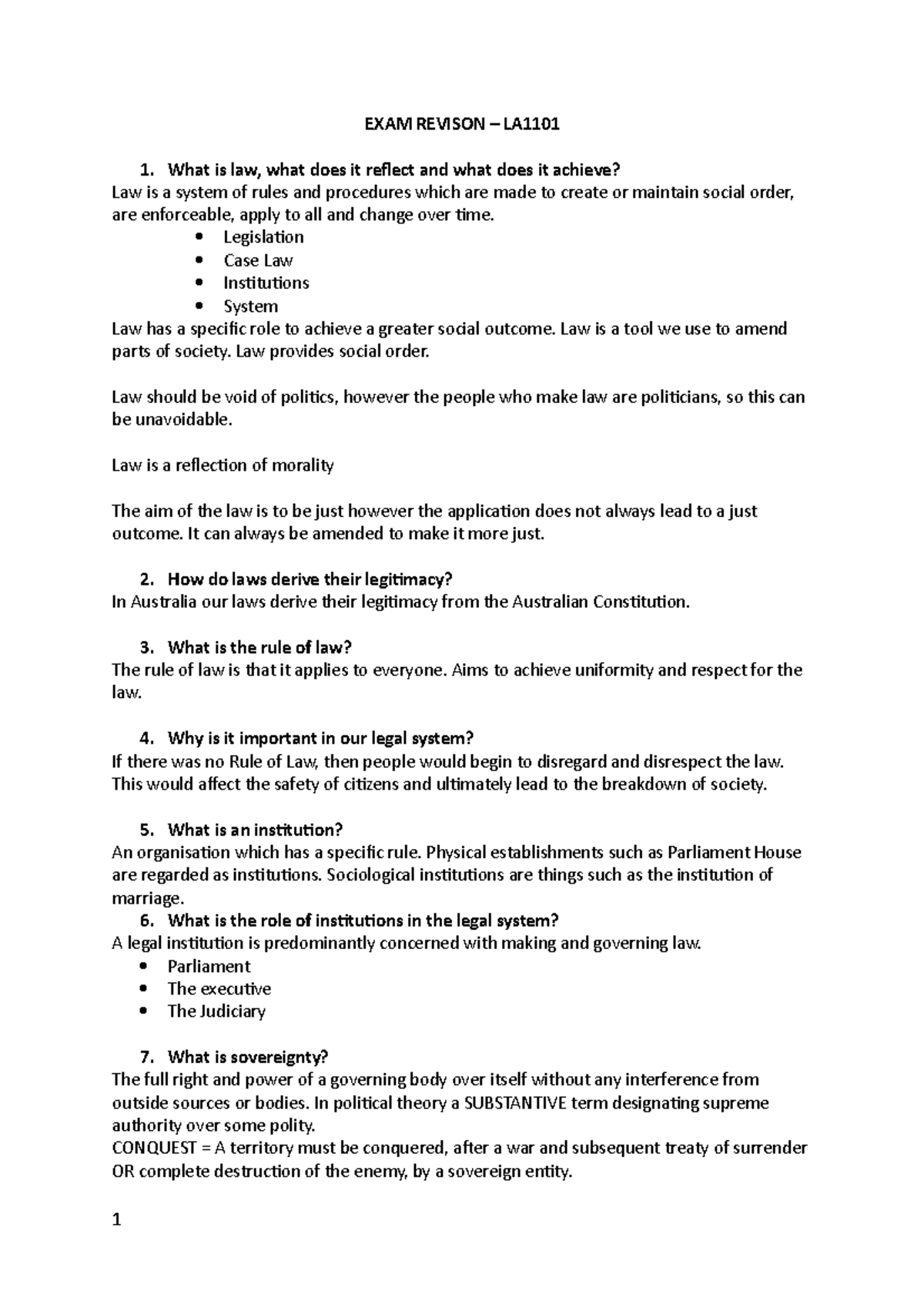 EXAM Revison LA1101 - EXAM REVISION NOTES - EXAM REVISON – LA What is ...