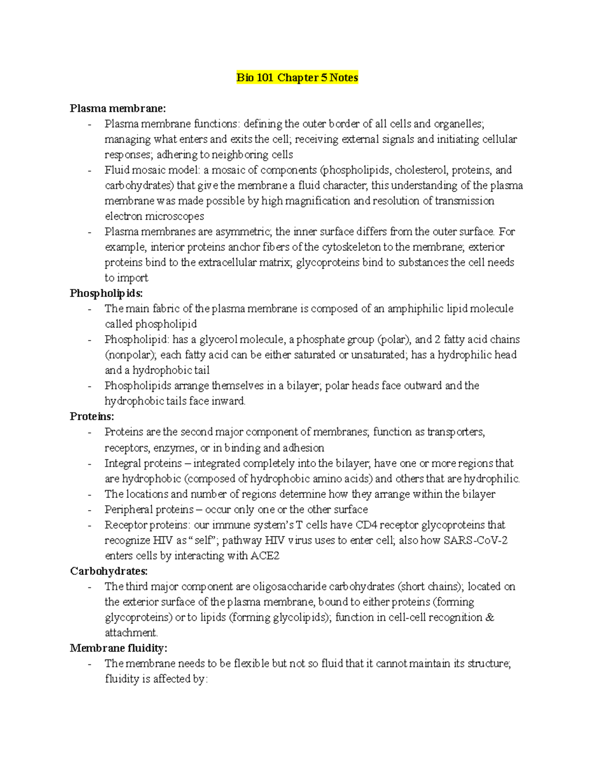 Bio 101 chapter 5 Notes - Bio 101 Chapter 5 Notes Plasma membrane ...