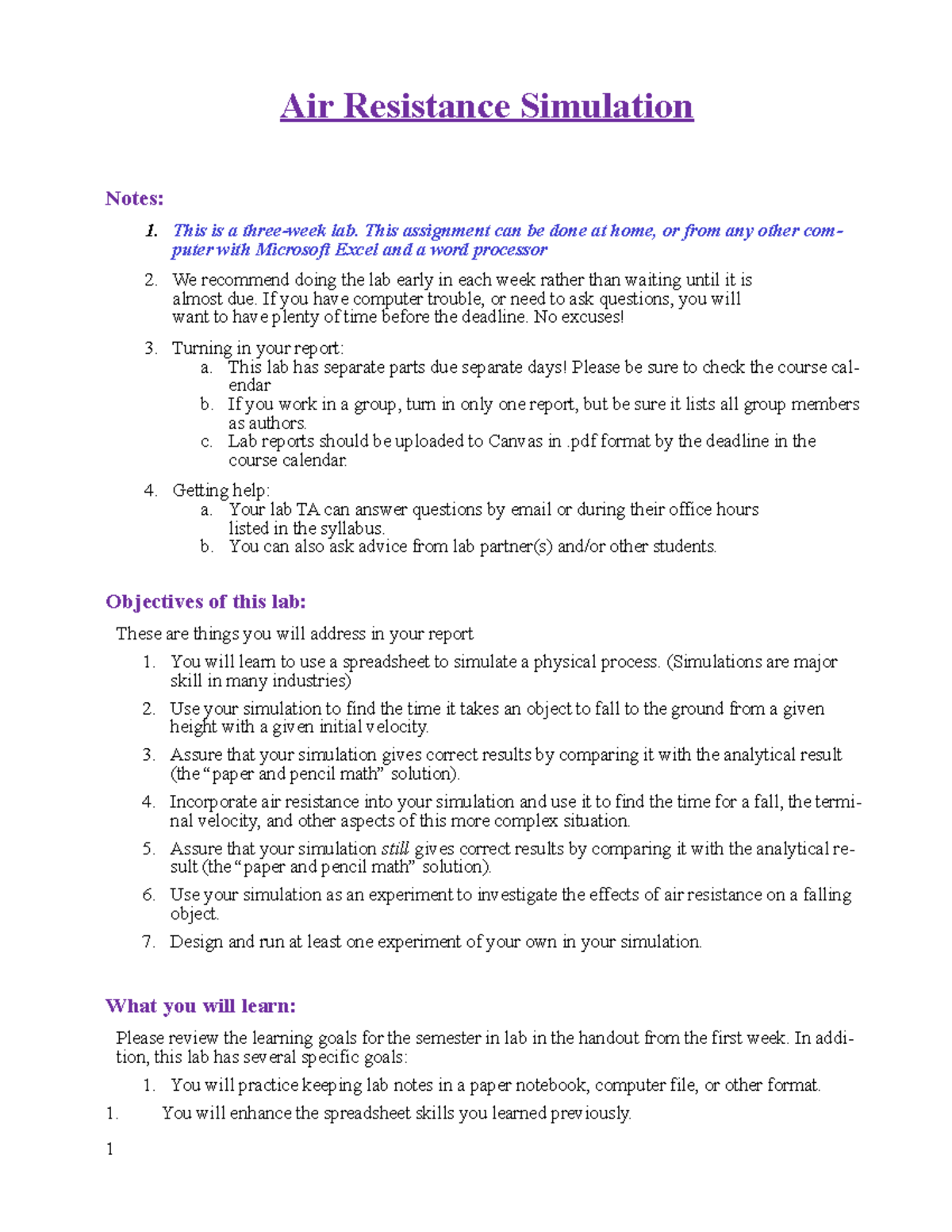 Air resistance simulation lab P201 and 21800 - Air Resistance ...