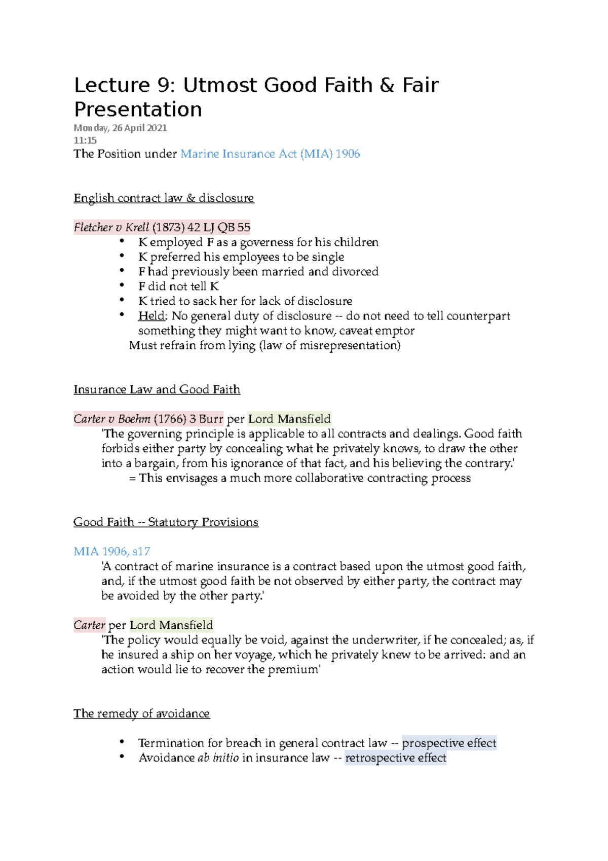 Utmost Good Faith & Fair Presentation - Lecture 9: Utmost Good Faith & Fair Presentation Monday ...