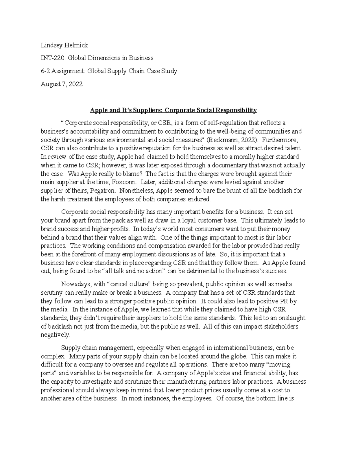 INT 220 6-2 Apple Case Study - Lindsey Helmick INT-220: Global ...