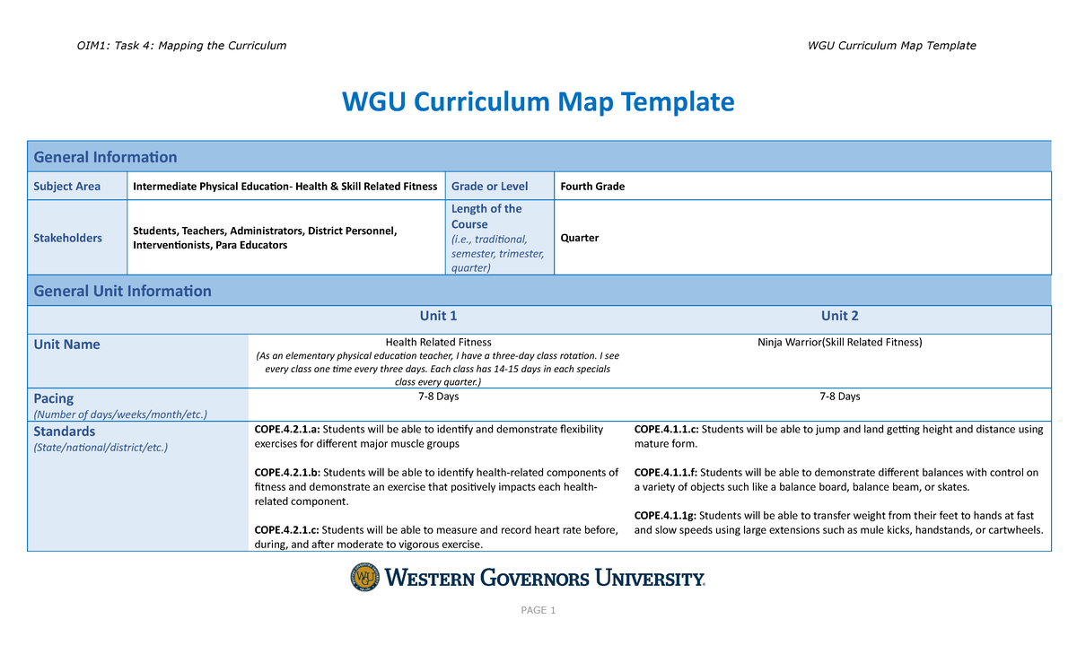 Performance Task 4 Mapping the Curriculum-D183 - WGU Curriculum Map Template General Information ...