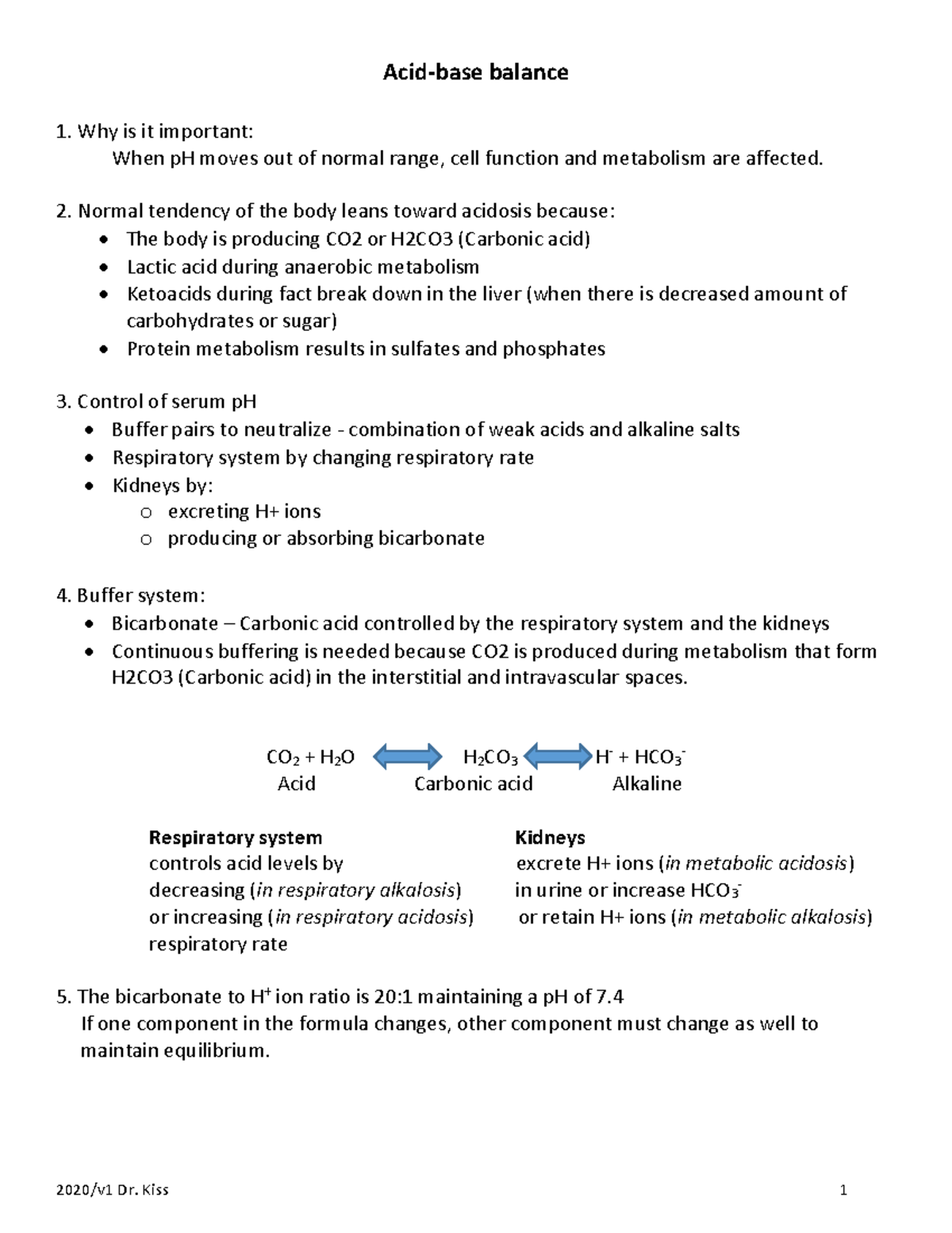 Acid base summary - practice - 2020/v1 Dr. Kiss 1 Acid-base balance 1 ...