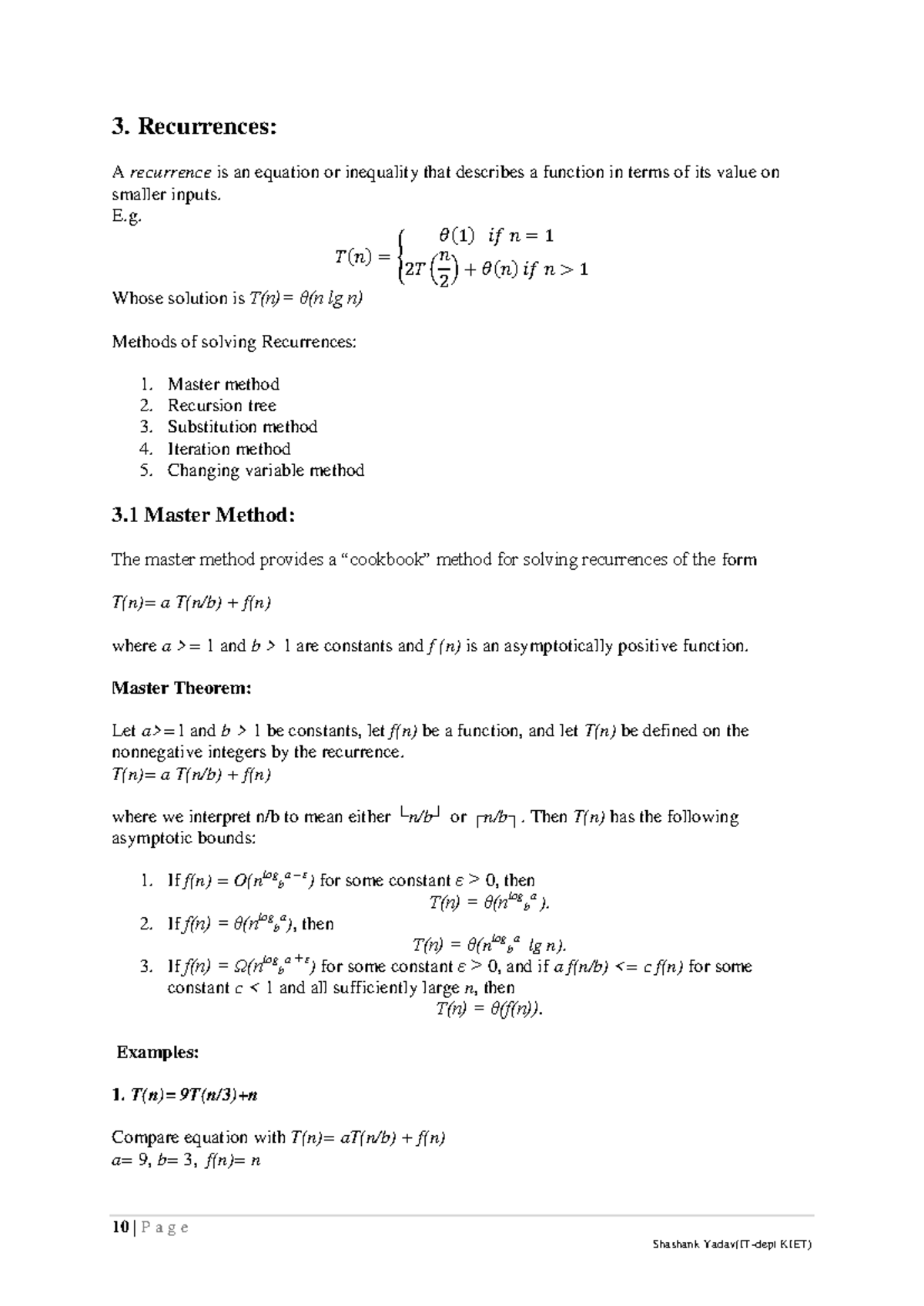 1 - DAA - U1 - Recurrence - 10 | P a g e 3. Recurrences: A recurrence is an equation or ...