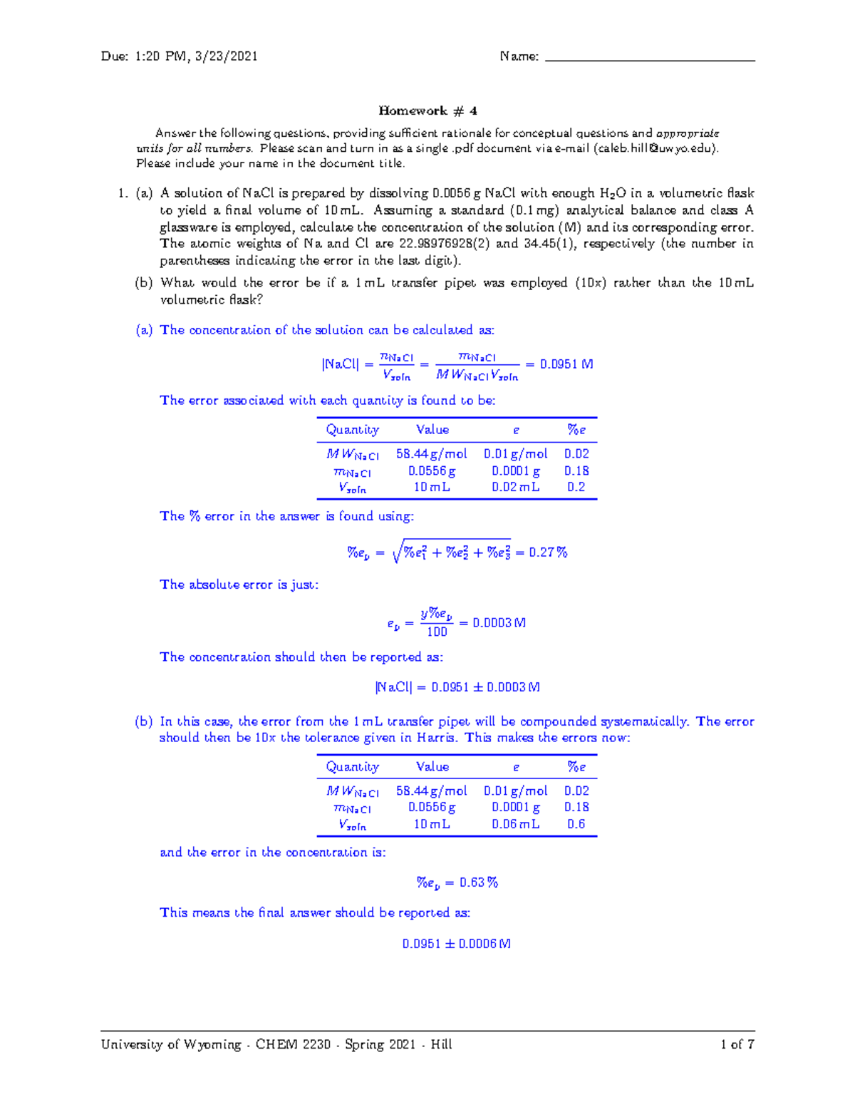 CHEM 2230 Quant. Analysis Homework 4 - Homework # 4 Answer the following questions, providing ...