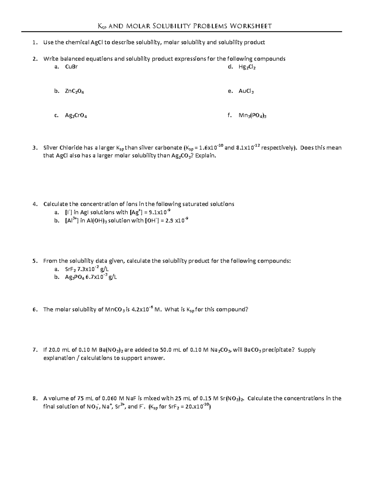 Ksp and Molar Solubility Problems Worksheet - CuBr b. ZnC 2 O 4 c. Ag 2 ...