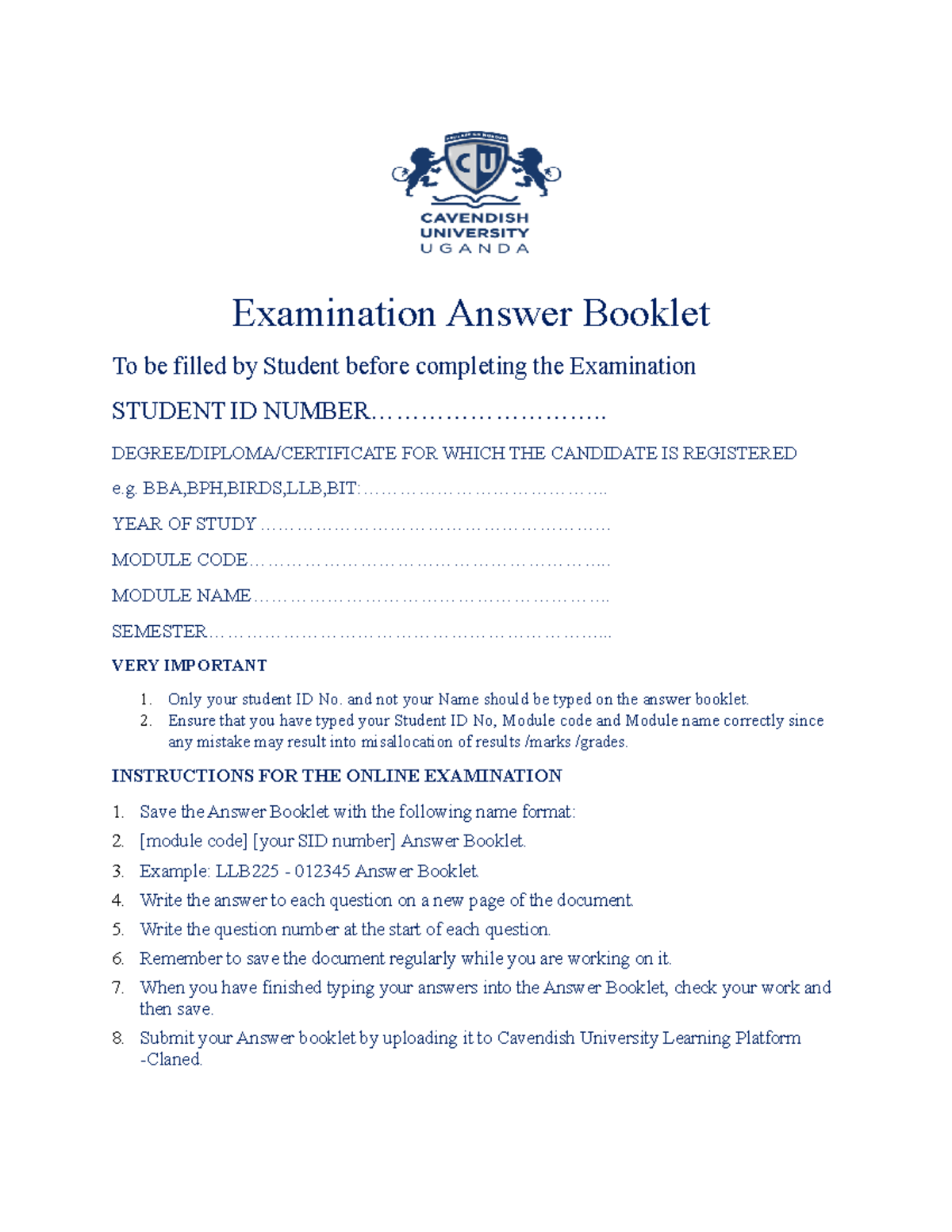 Examination Answer Booklet 1111 - Examination Answer Booklet To be ...