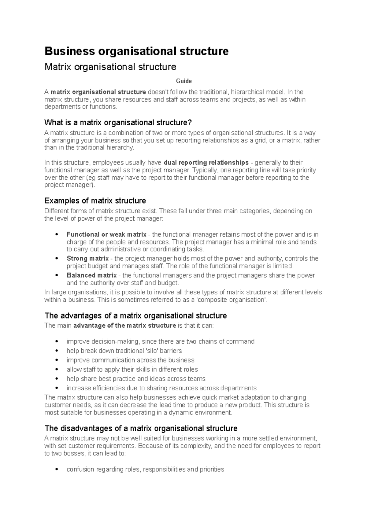 Business organisational structure - In the matrix structure, you share ...