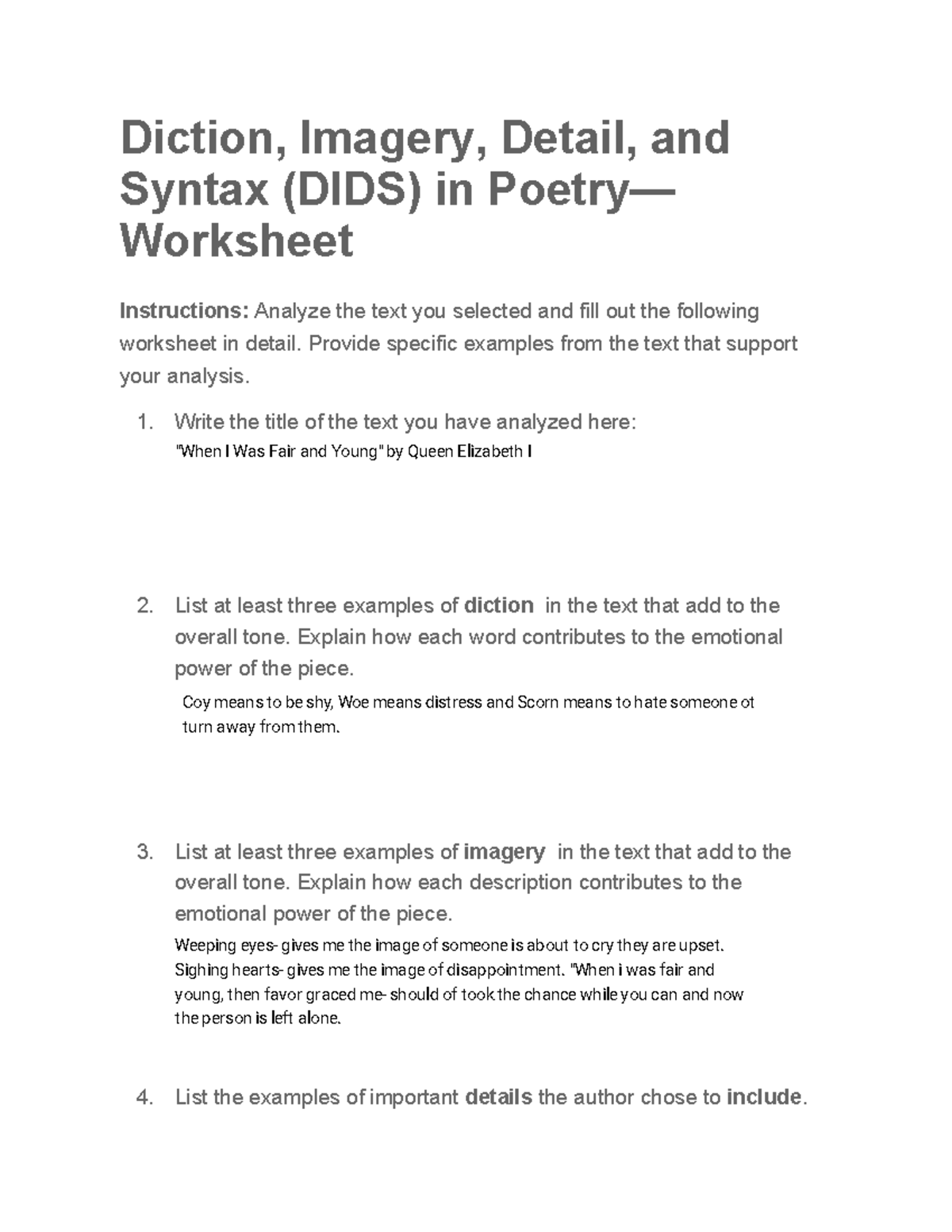 Diction Imagery Detail and Syntax (DIDS) in Worksheet Instructions ...