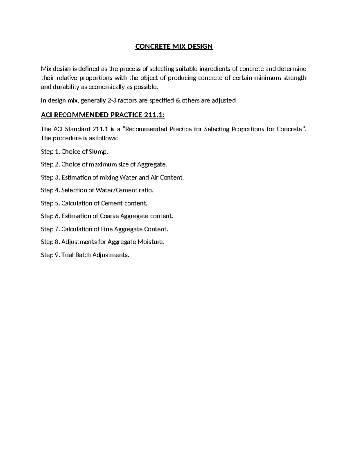 Aci mix design - CONCRETE MIX DESIGN Mix design is defined as the ...