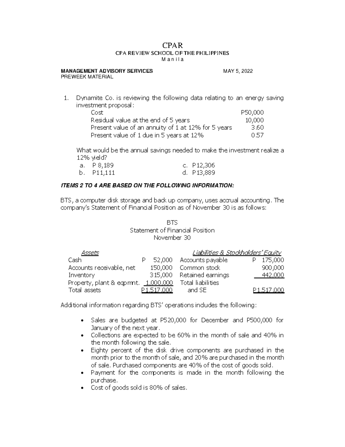 Preweek Handouts Roque - CPAR CPA REVIEW SCHOOL OF THE PHILIPPINES M a ...