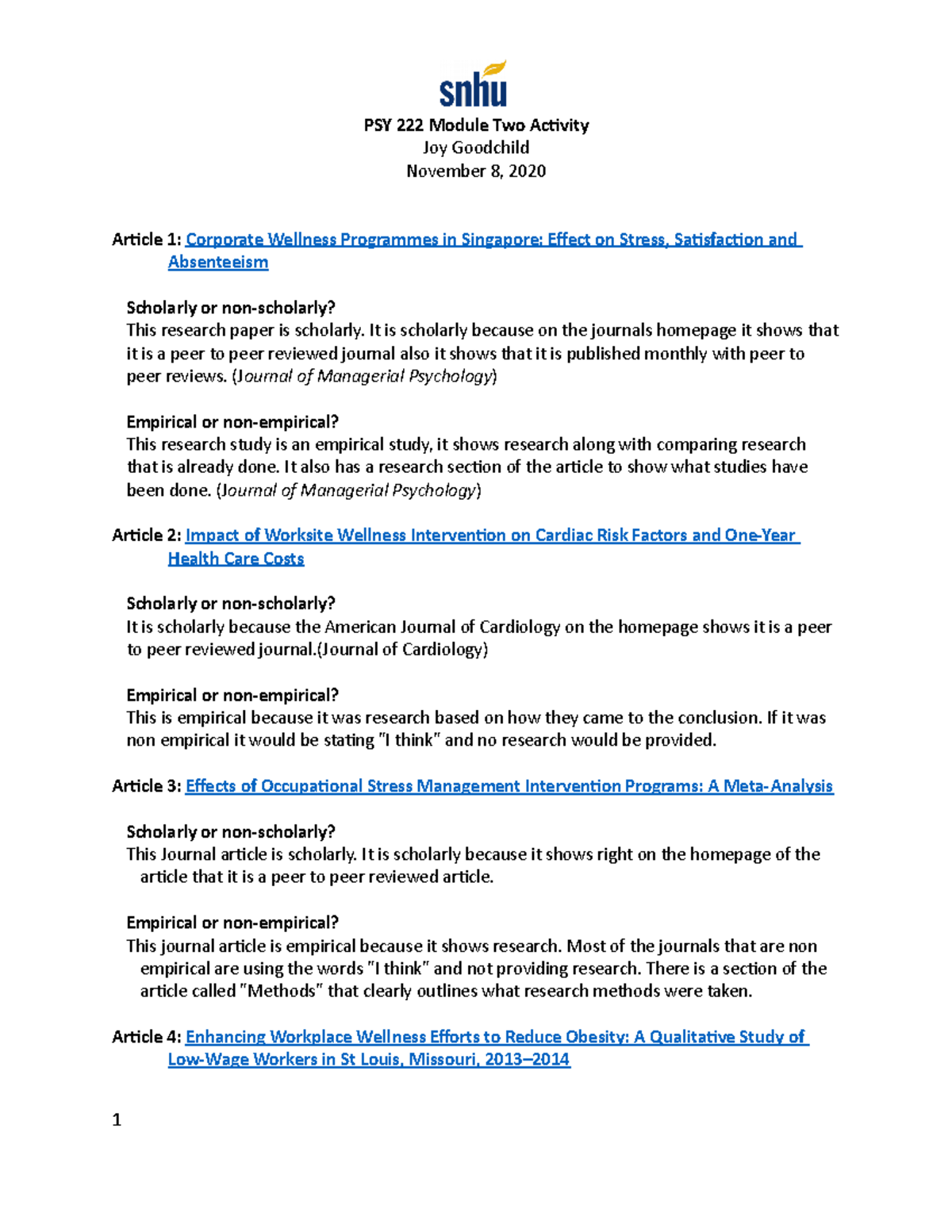 PSY222 Module Two Activity-3 - PSY 222 Module Two Acivity Joy Goodchild ...