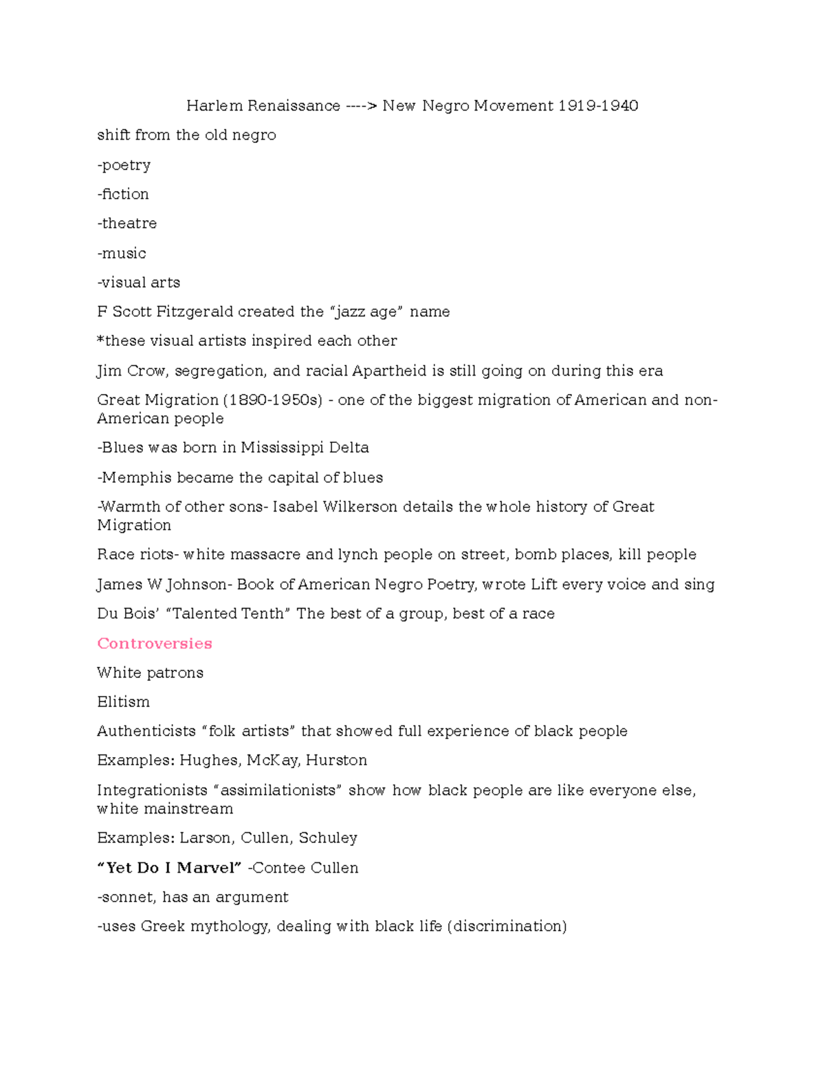 Harlem Renaissance Notes - Harlem Renaissance -> New Negro Movement ...