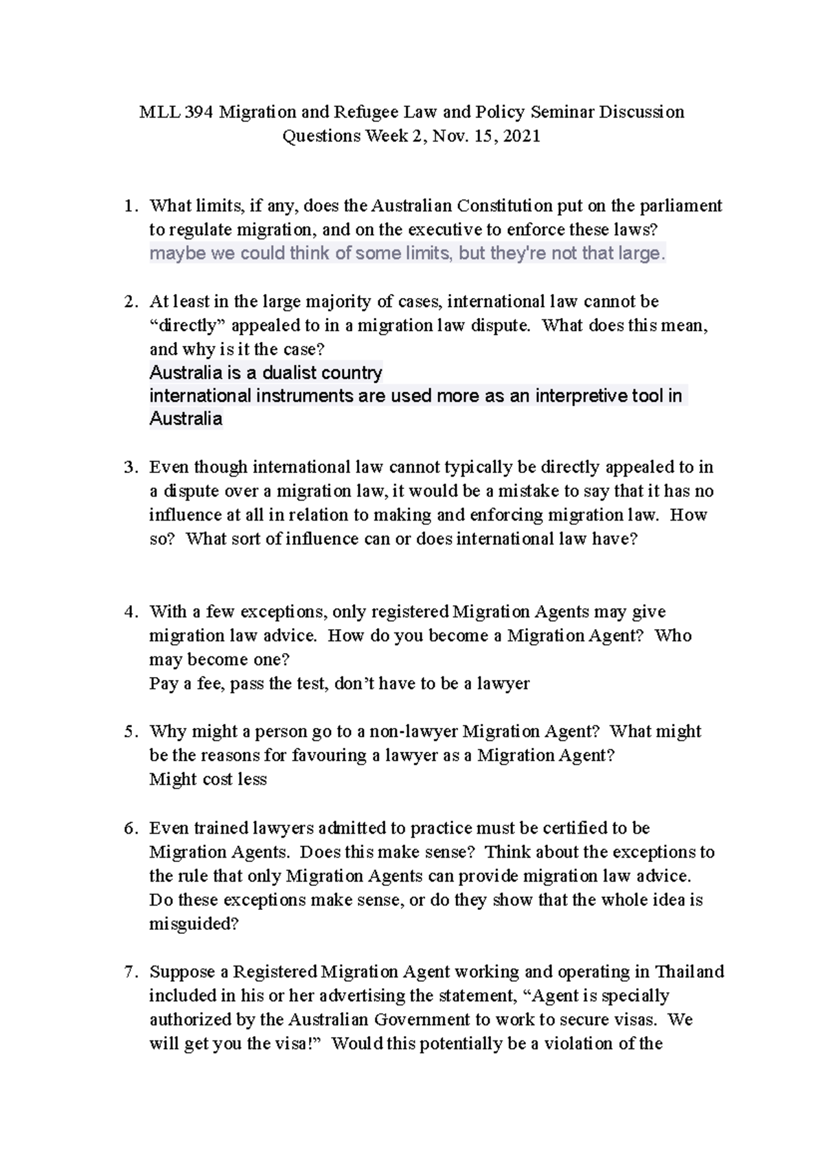 Week two seminar student questions - MLL 394 Migration and Refugee Law ...