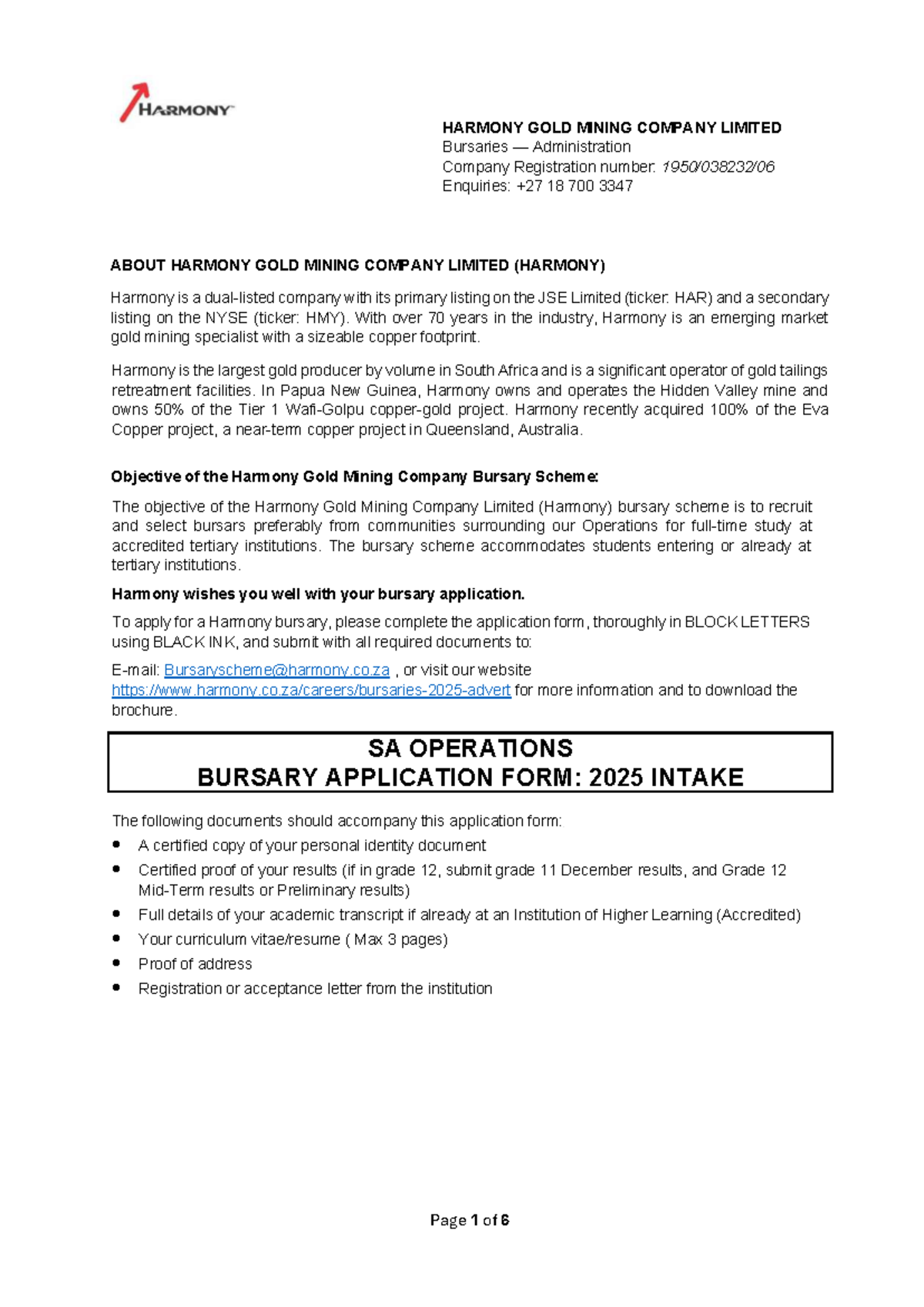 Harmony Bursary Application Form 2025 - Page 1 of 6 HARMONY GOLD MINING ...