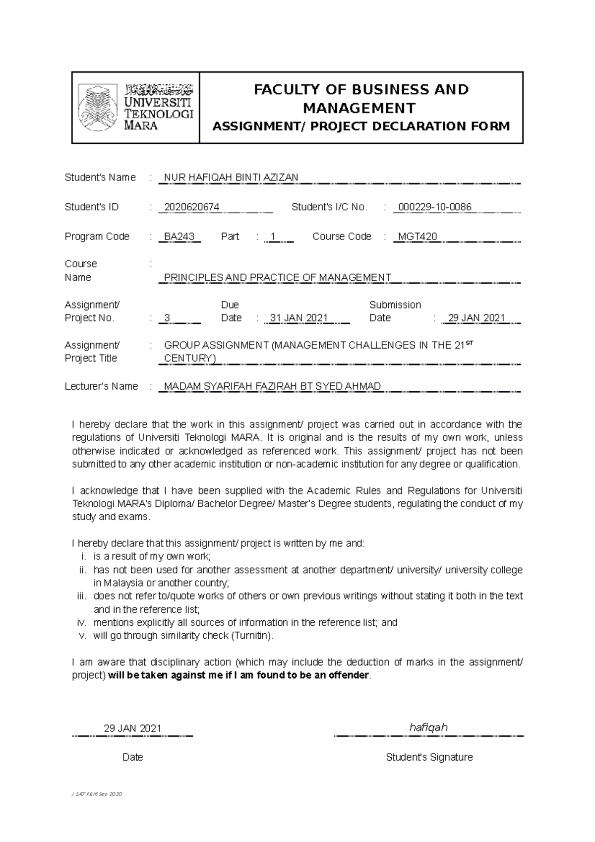 Assignment Project Declaration Form - FACULTY OF BUSINESS AND ...