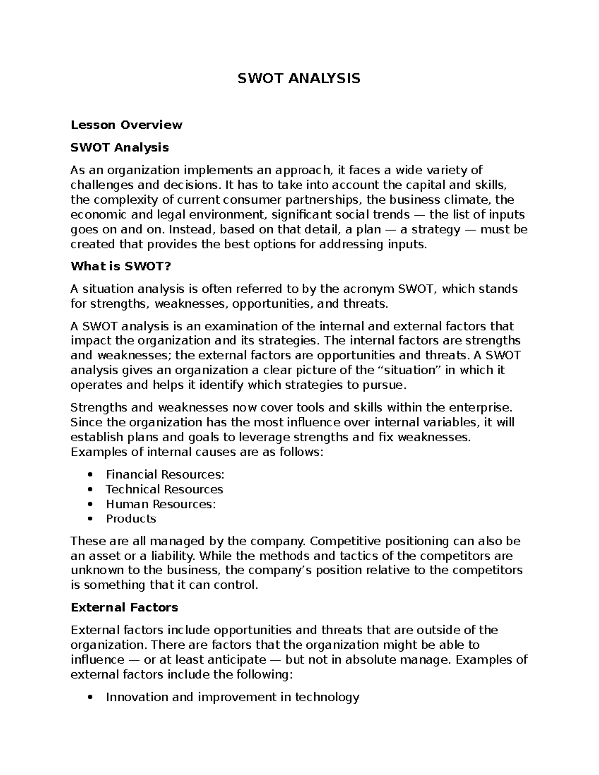 SWOT Analysis - Principle of Marketing - SWOT ANALYSIS Lesson Overview ...