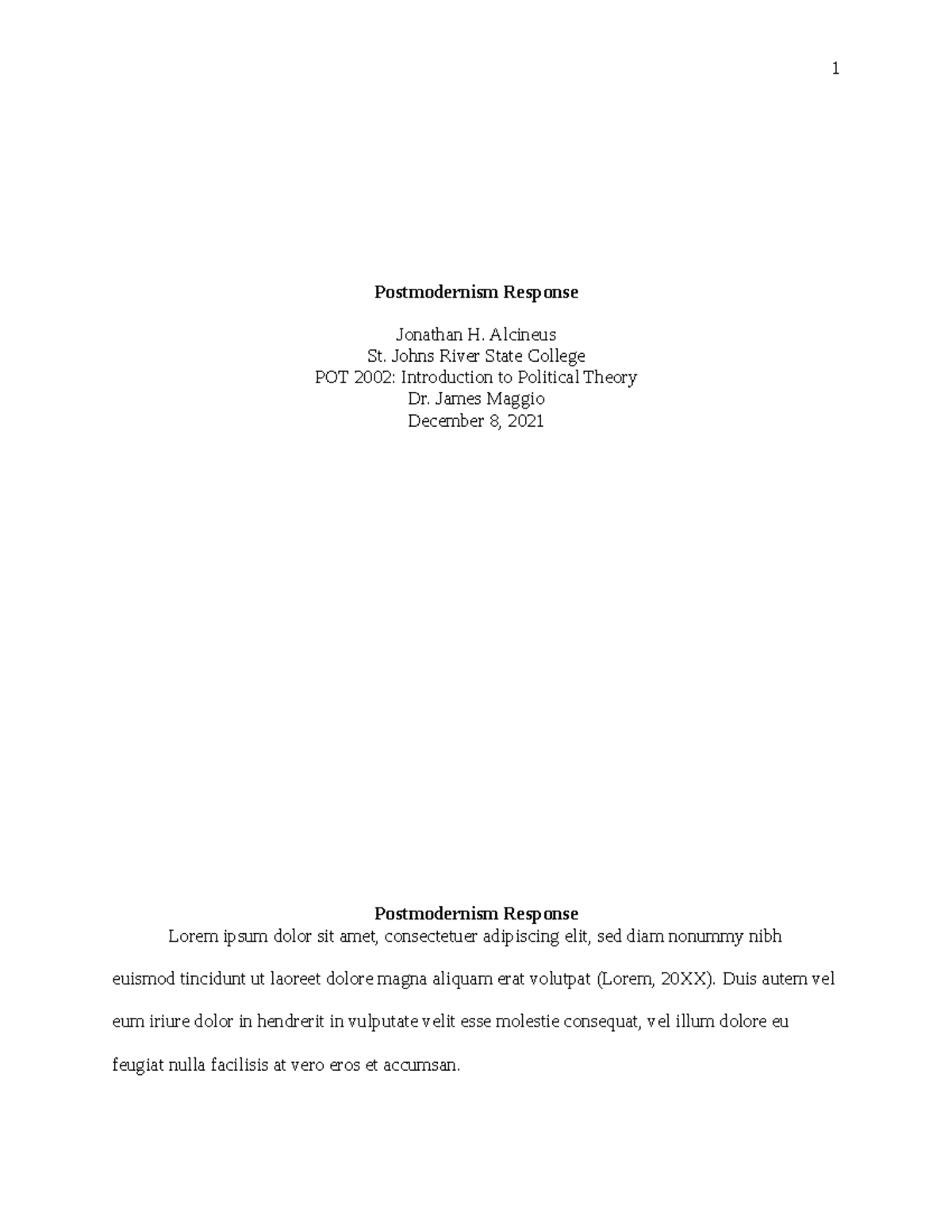 Postmodernism Response Essay - Postmodernism Response Jonathan H ...