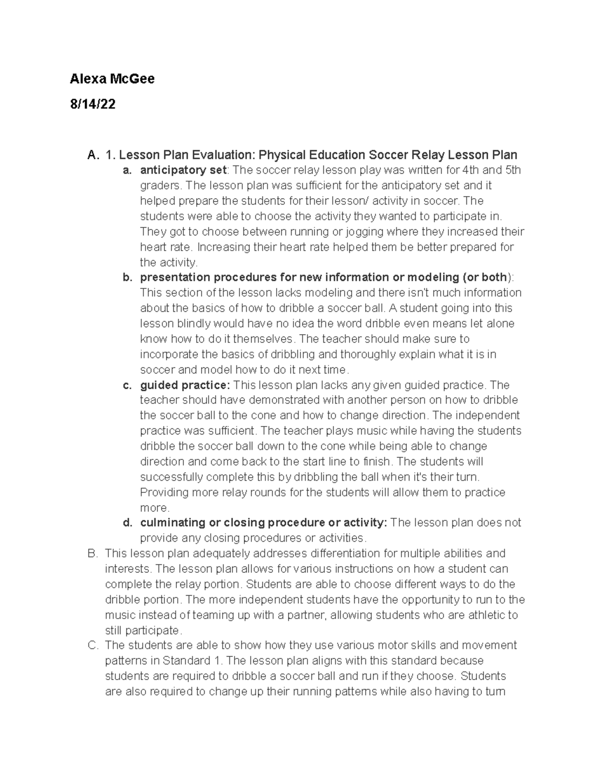 TASK 1 PE Health Lesson PLAN - Alexa McGee 8/14/ A. 1. Lesson Plan ...