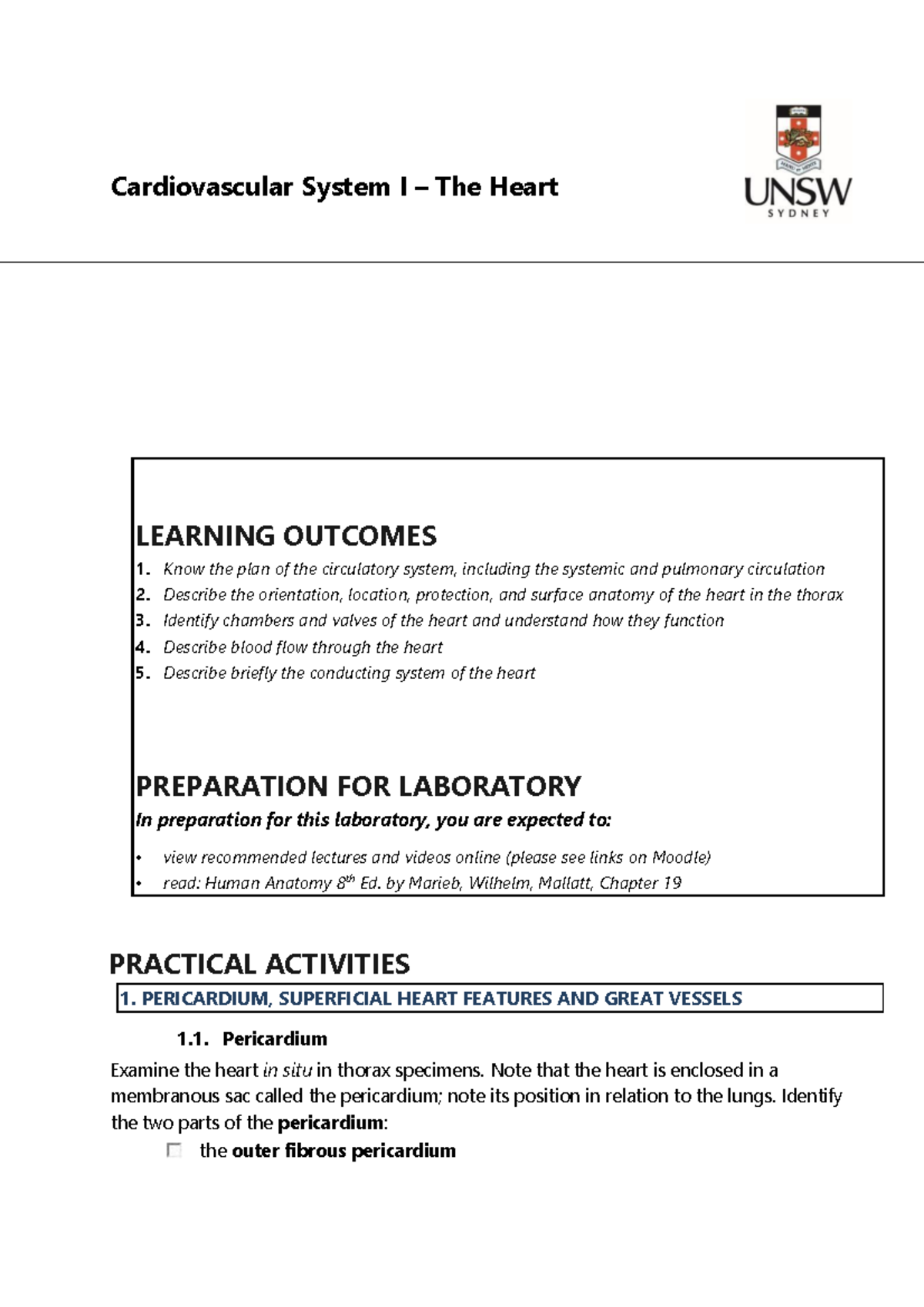 CVS part 1 and 2 - Cardiovascular System I The Heart LEARNING OUTCOMES ...