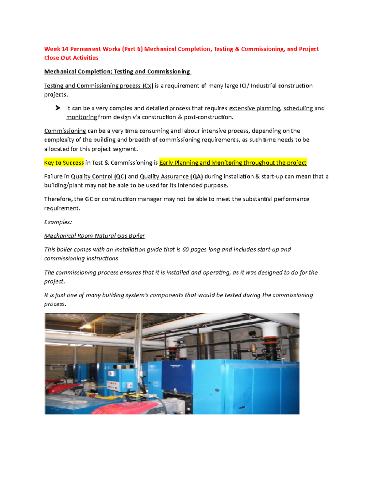 Week 14 Permanent Works (Part 6) Mechanical Completion, Testing ...